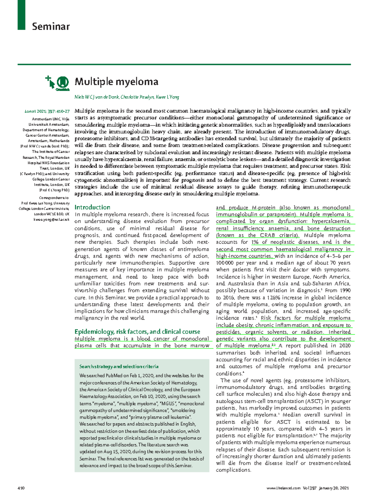 S0140673621001355 - Artículo de revisión - Multiple myeloma Niels W C J van de Donk, Charlotte ...
