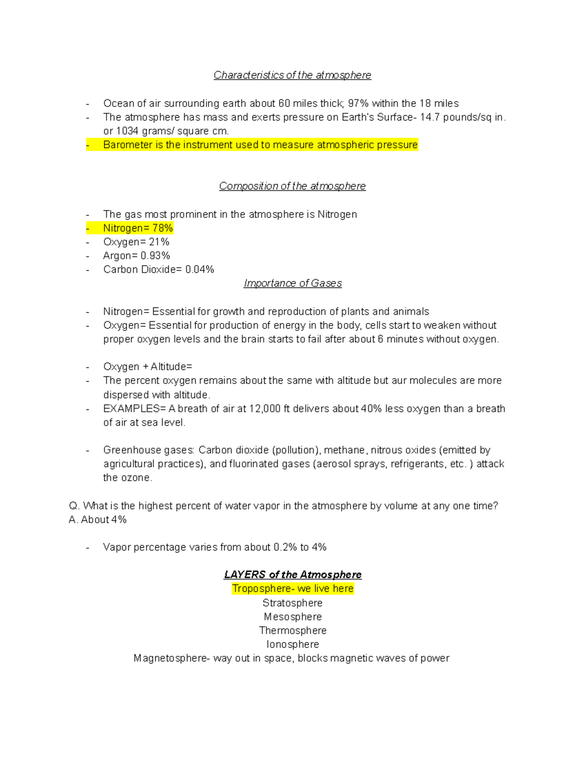 Week 2- Characteristics of atmosphere, composition, Importance of gases ...