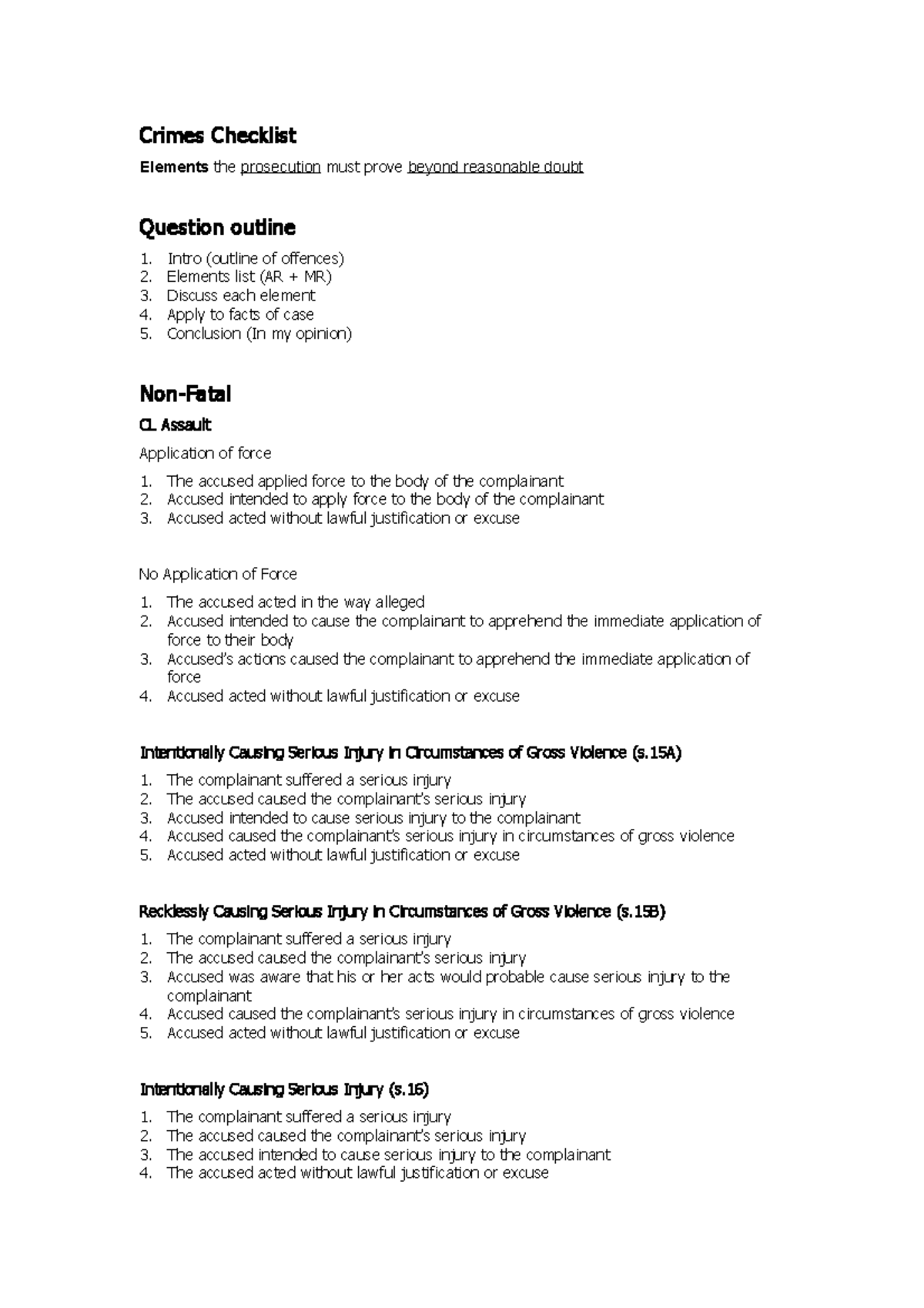 Crimes Checklist Elements for Prosecution - Studocu