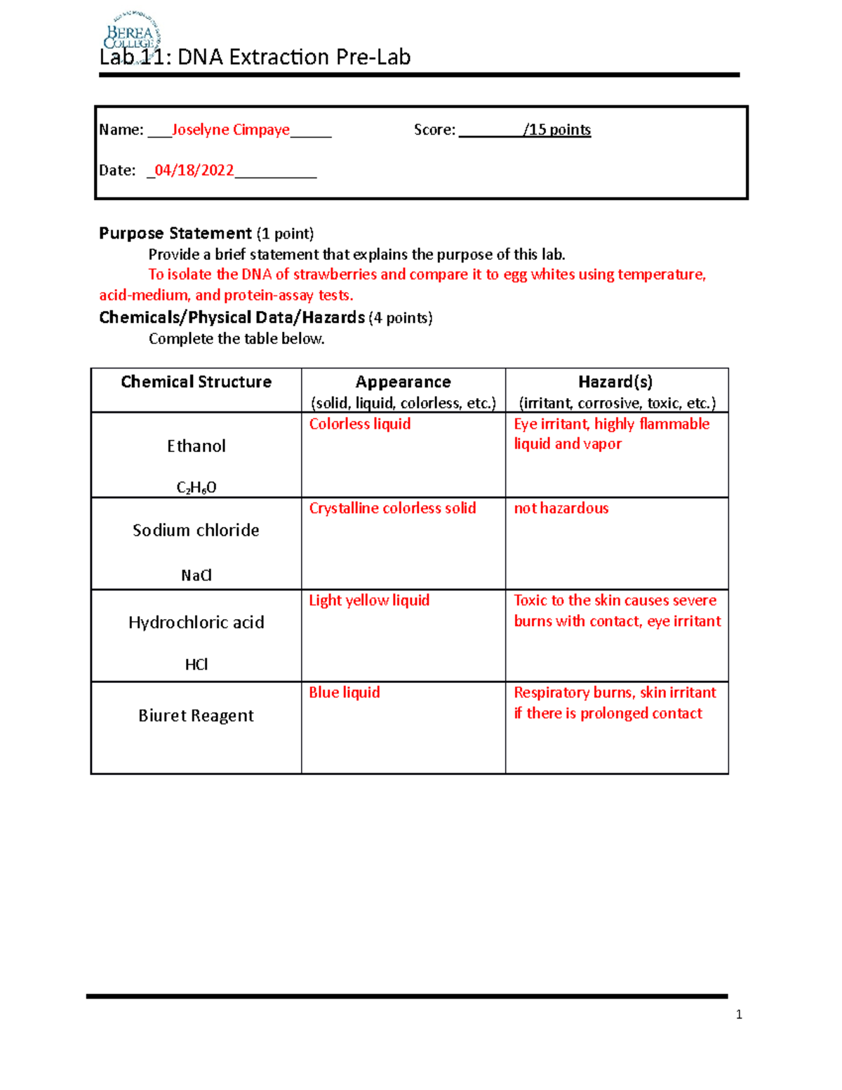 Lab 10 DNA Extraction Pre-Lab J - Lab 11: DNA Extraction Pre-Lab Name ...