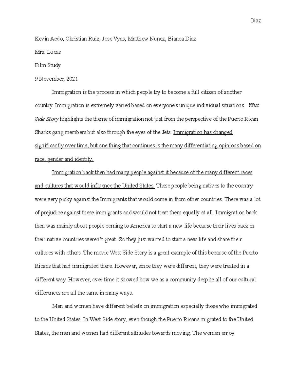Film Study Group Essay- Emma Diaz - Diaz Kevin Aedo, Christian Ruiz ...