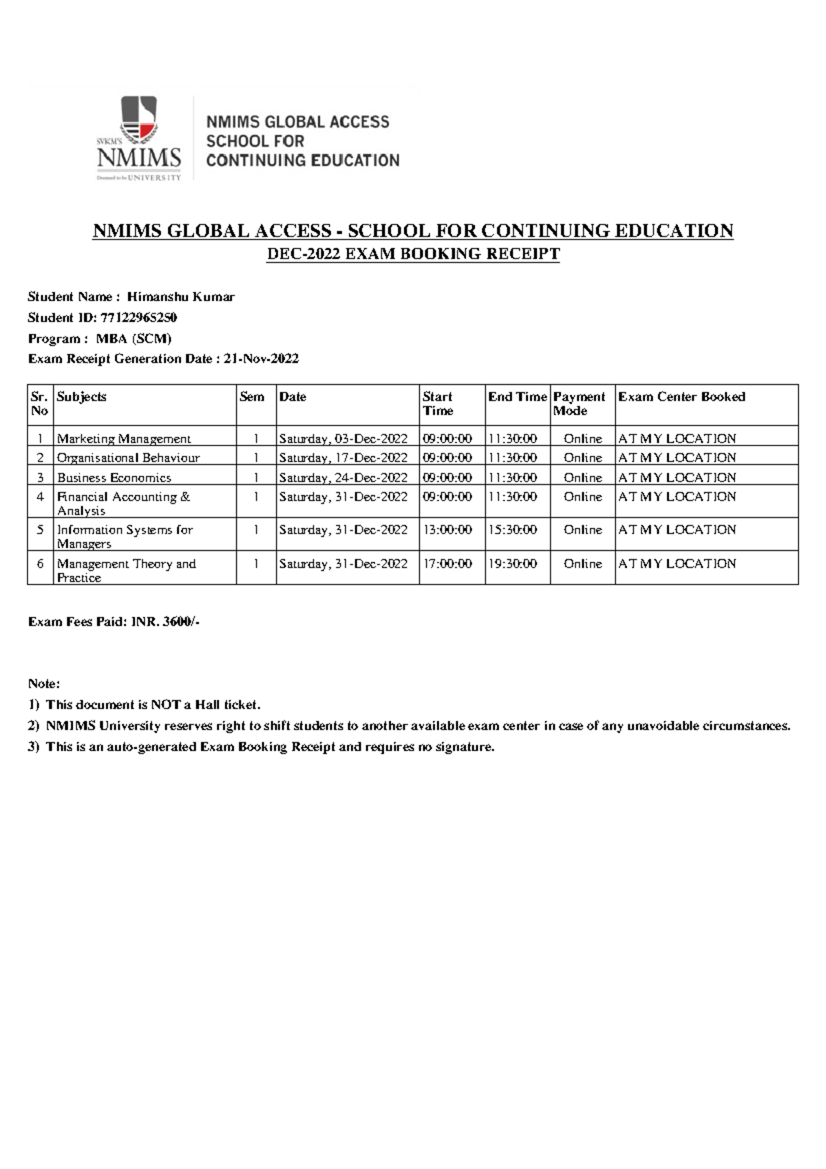 77122965250 exam Fee Receipt - NMIMS GLOBAL ACCESS - SCHOOL FOR ...