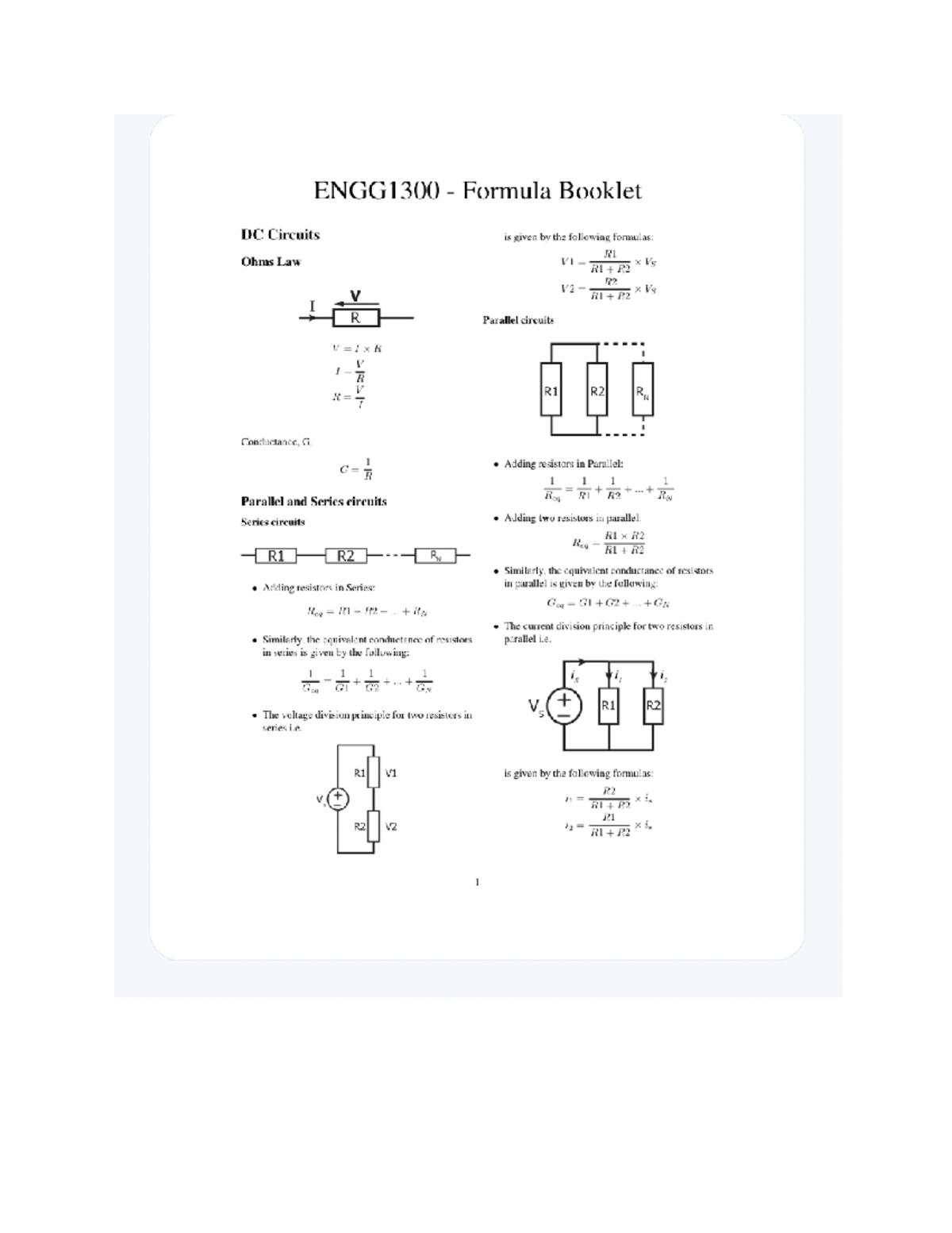 Formula for exams - ENGG1300 - Studocu