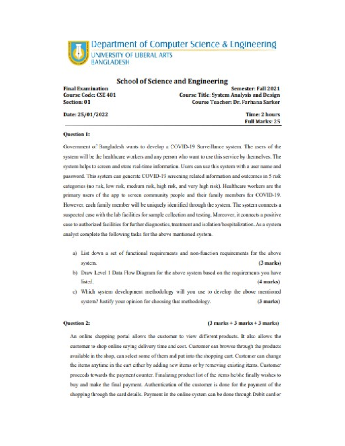 Final Fall 21 Section 1 - ... - System Analysis and Design - Studocu