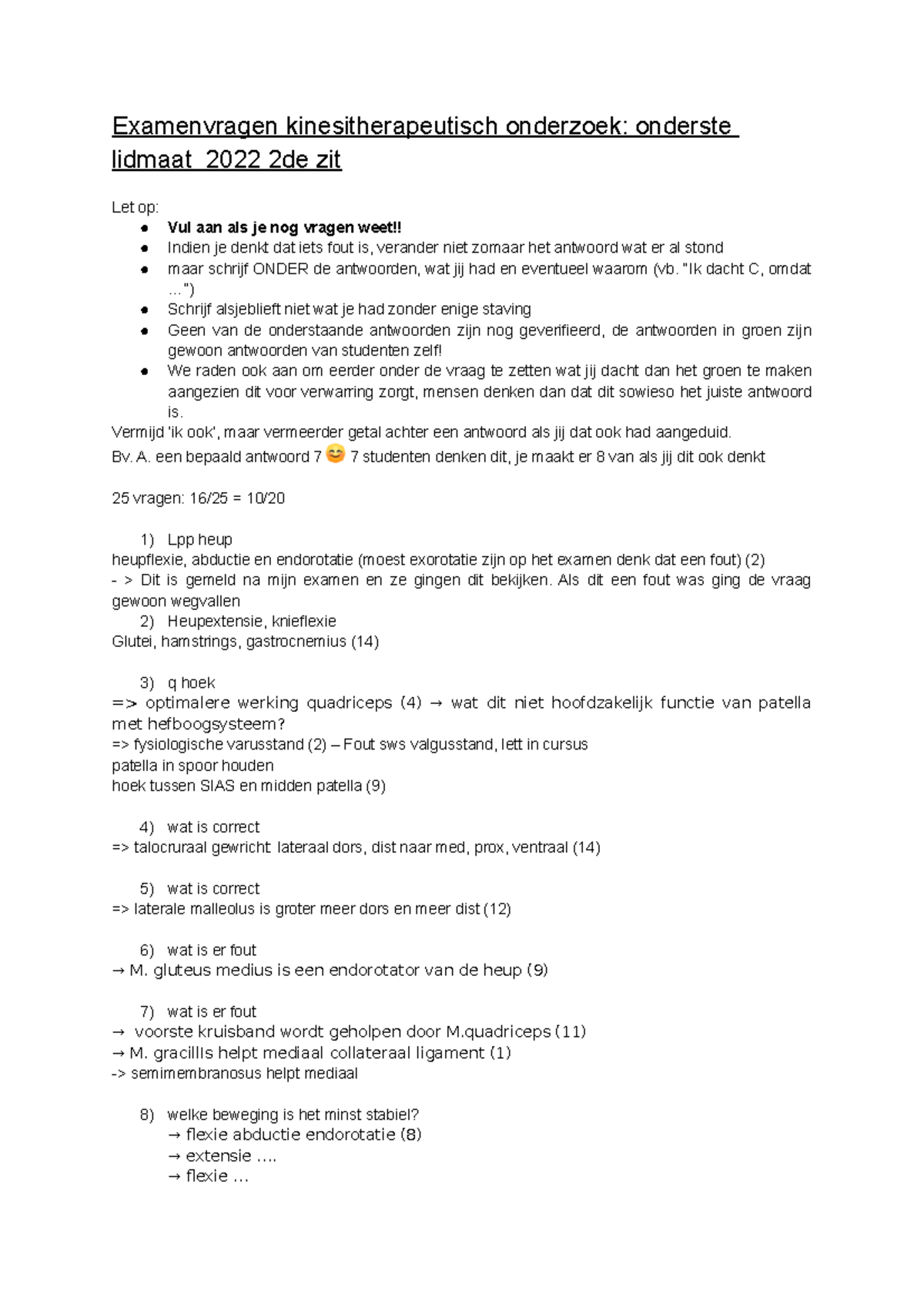 Examenvragen kinesitherapeutisch onderzoek onderste lidmaat 2022 2de ...