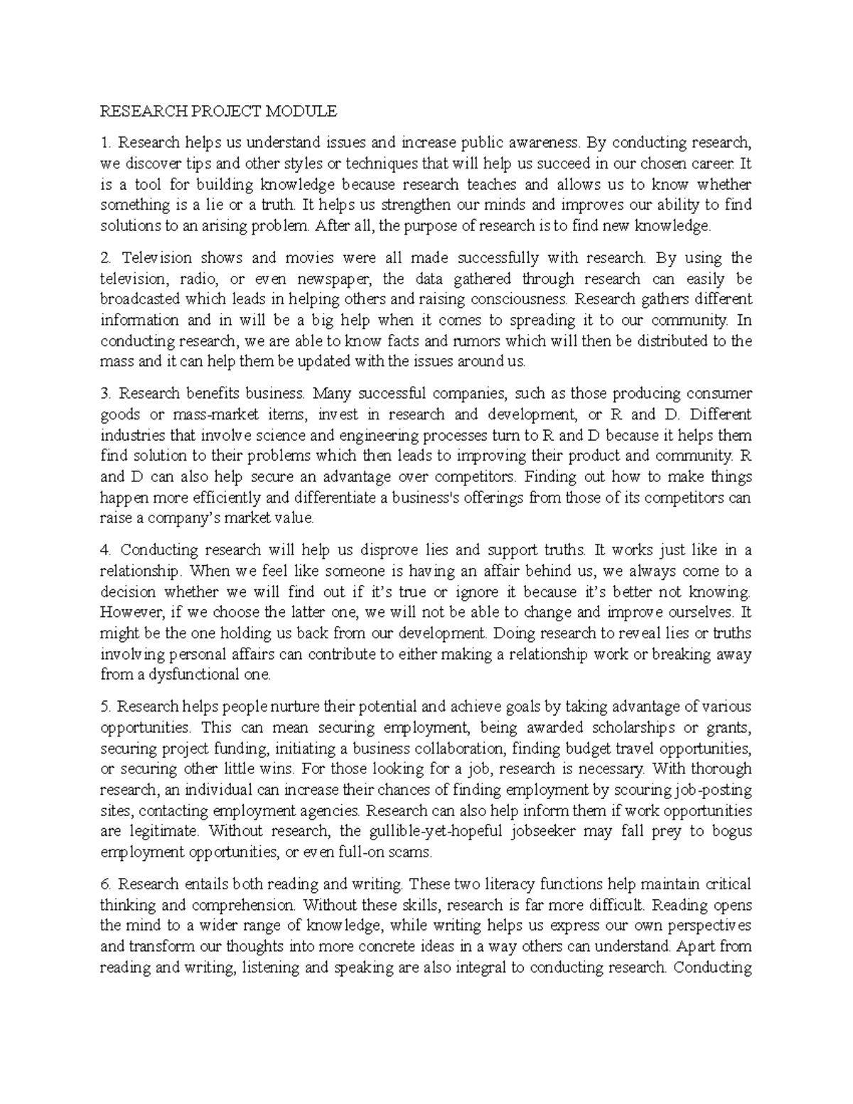 Research Project Module - RESEARCH PROJECT MODULE Research helps us ...