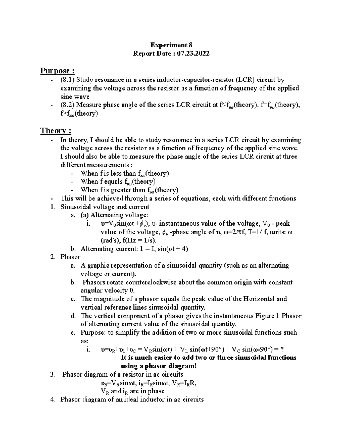 Experiment 8 Series LCR resonance - Experiment 8 Report Date : 07 ...