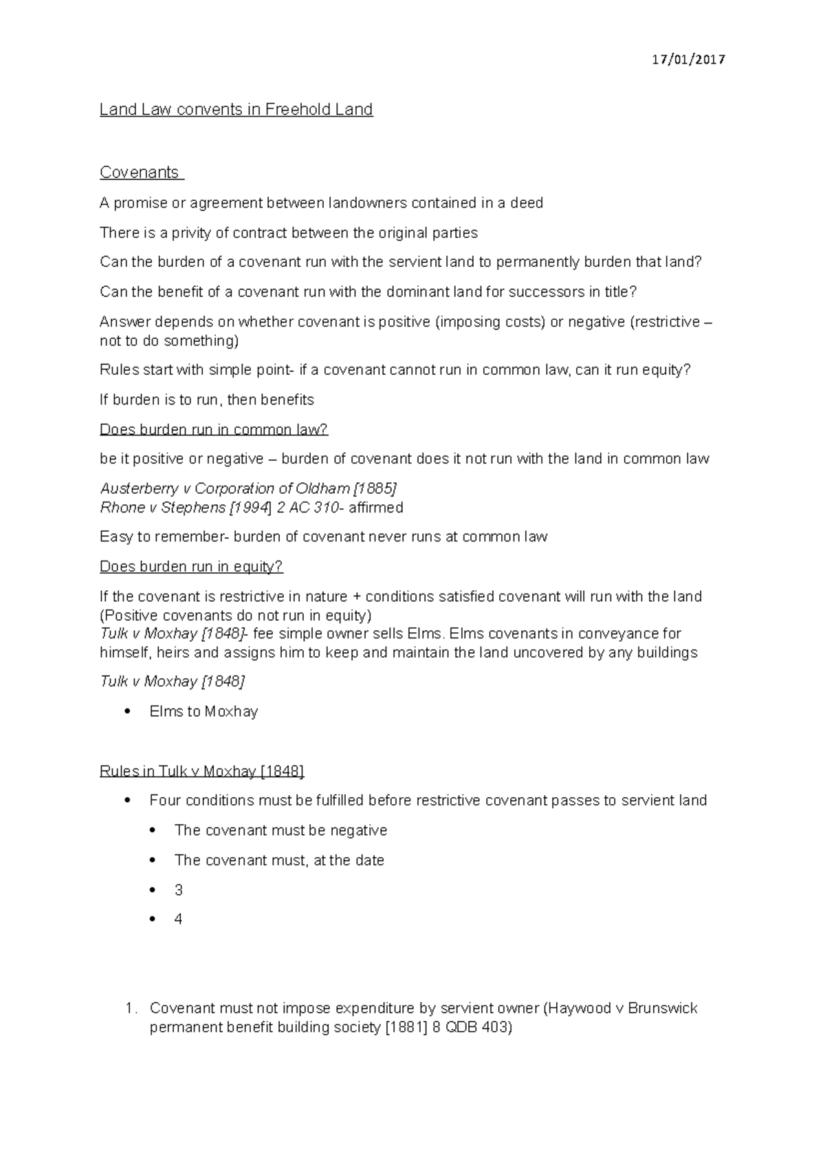 covenants- Land Law - 17/01/2017 Land Law convents in Freehold Land ...