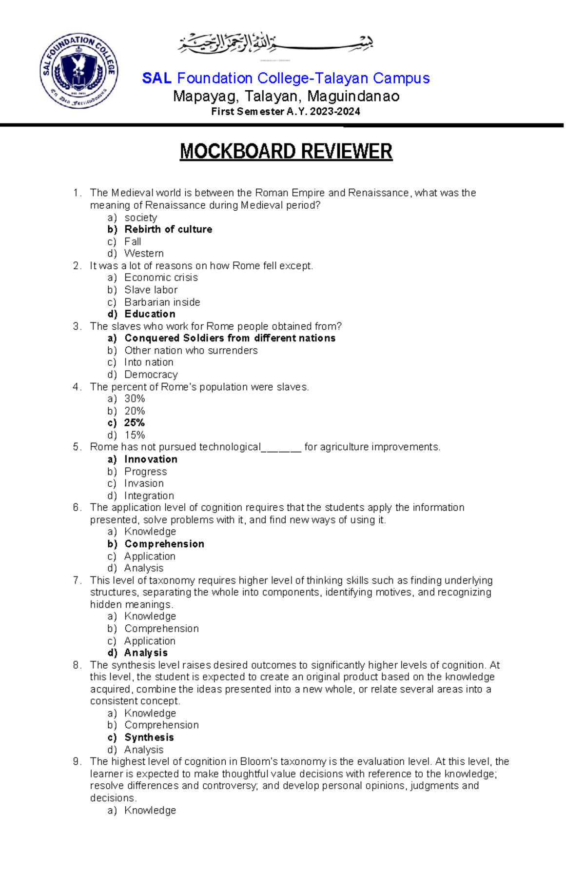 MOCK Board Reviewer Midterm - SAL Foundation College-Talayan Campus ...