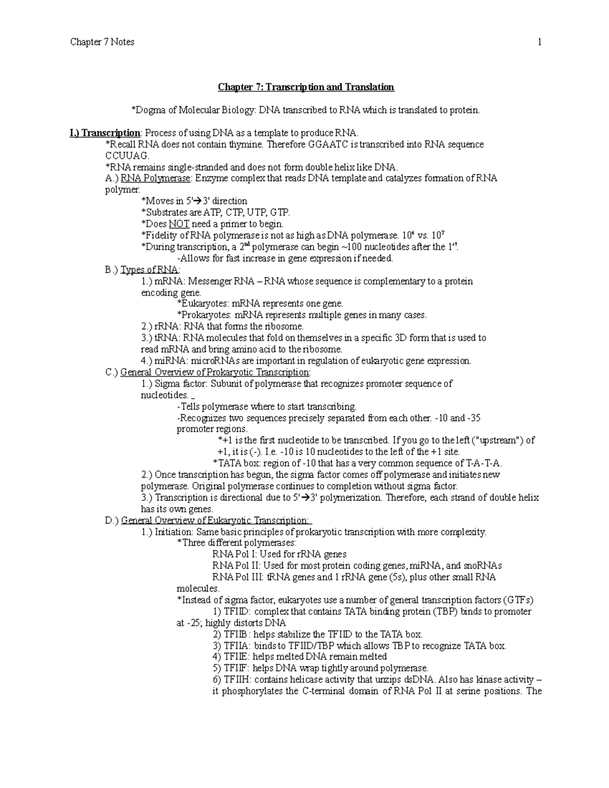 Ch. 7 - Transcription & Translation - Chapter 7: Transcription and ...