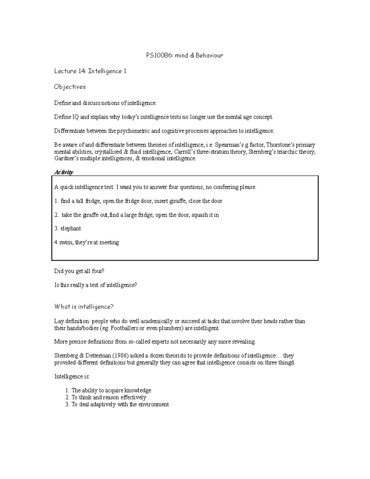 Introduction to ntelligence - PS10086: mind & Behaviour Lecture 14: Intelligence 1 - Studocu