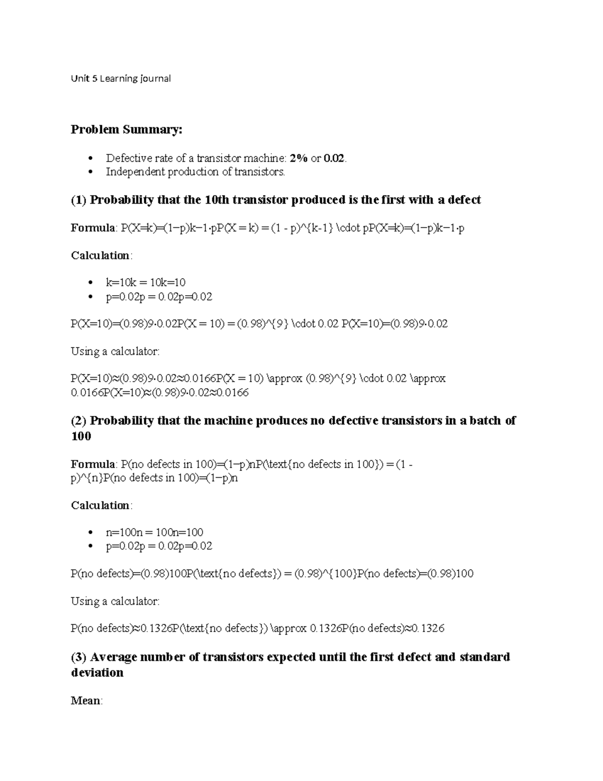Learning Journal Unit 5 - Unit 5 Learning journal Problem Summary ...