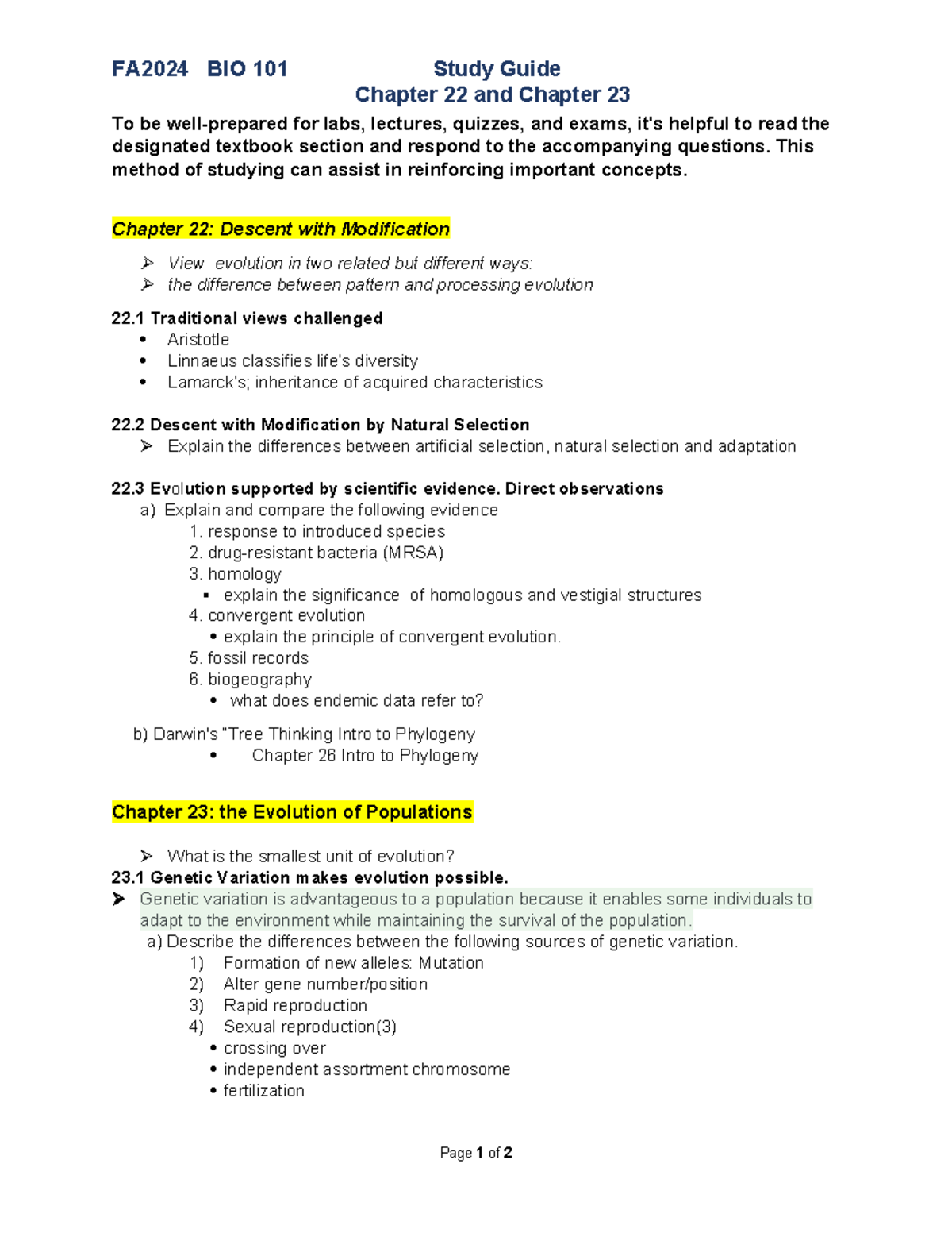 Study Guide Chap 22,23 - FA2024 BIO 101 Study Guide Chapter 22 and ...