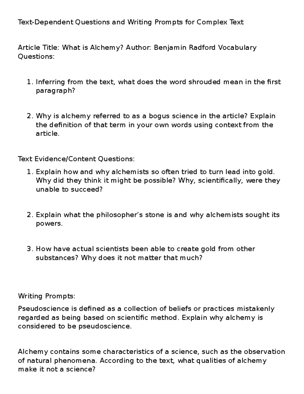 Alchemy Article Questions - Text-Dependent Questions and Writing ...