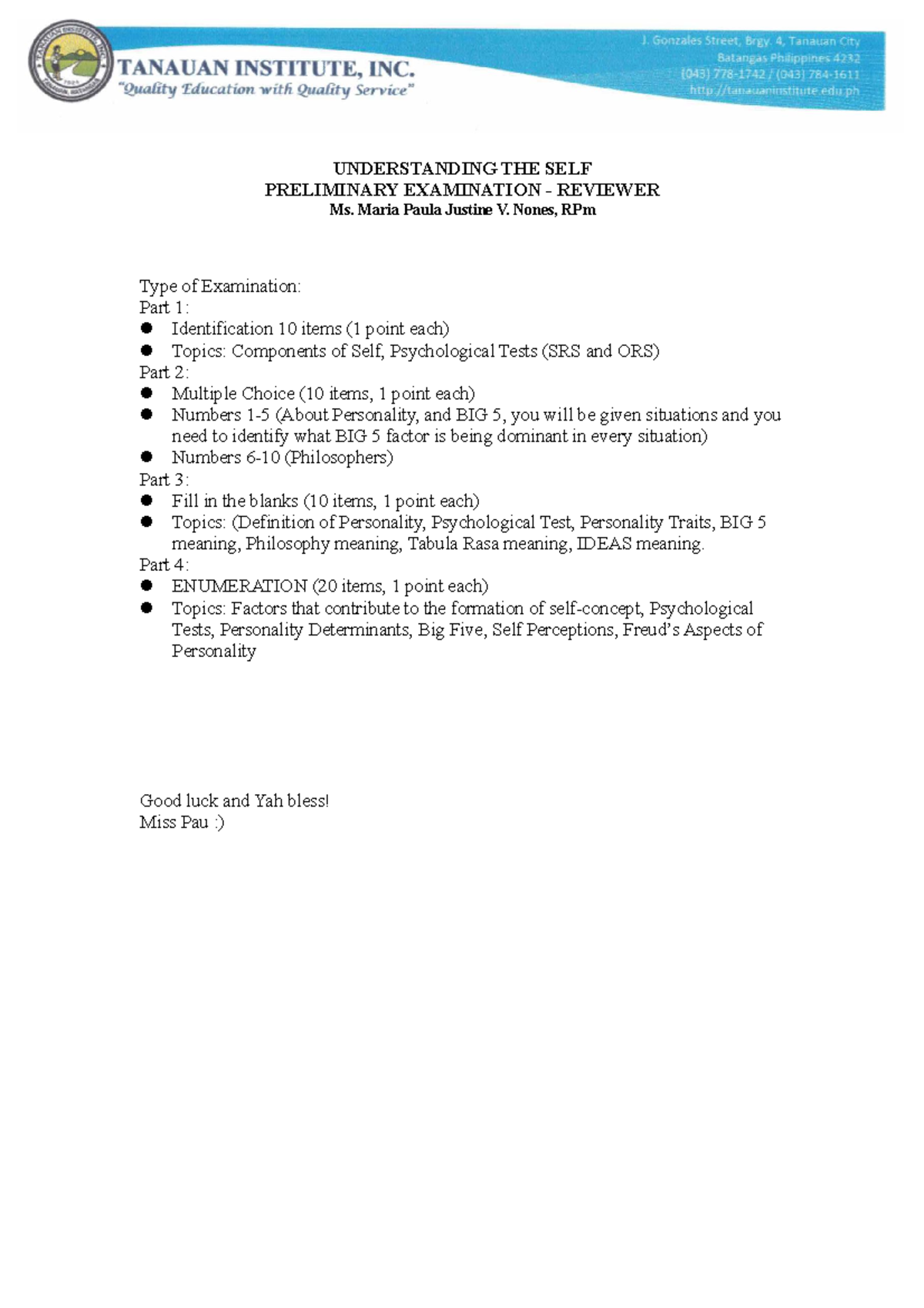 Prelims-Reviewer - reviewer only. - UNDERSTANDING THE SELF PRELIMINARY ...