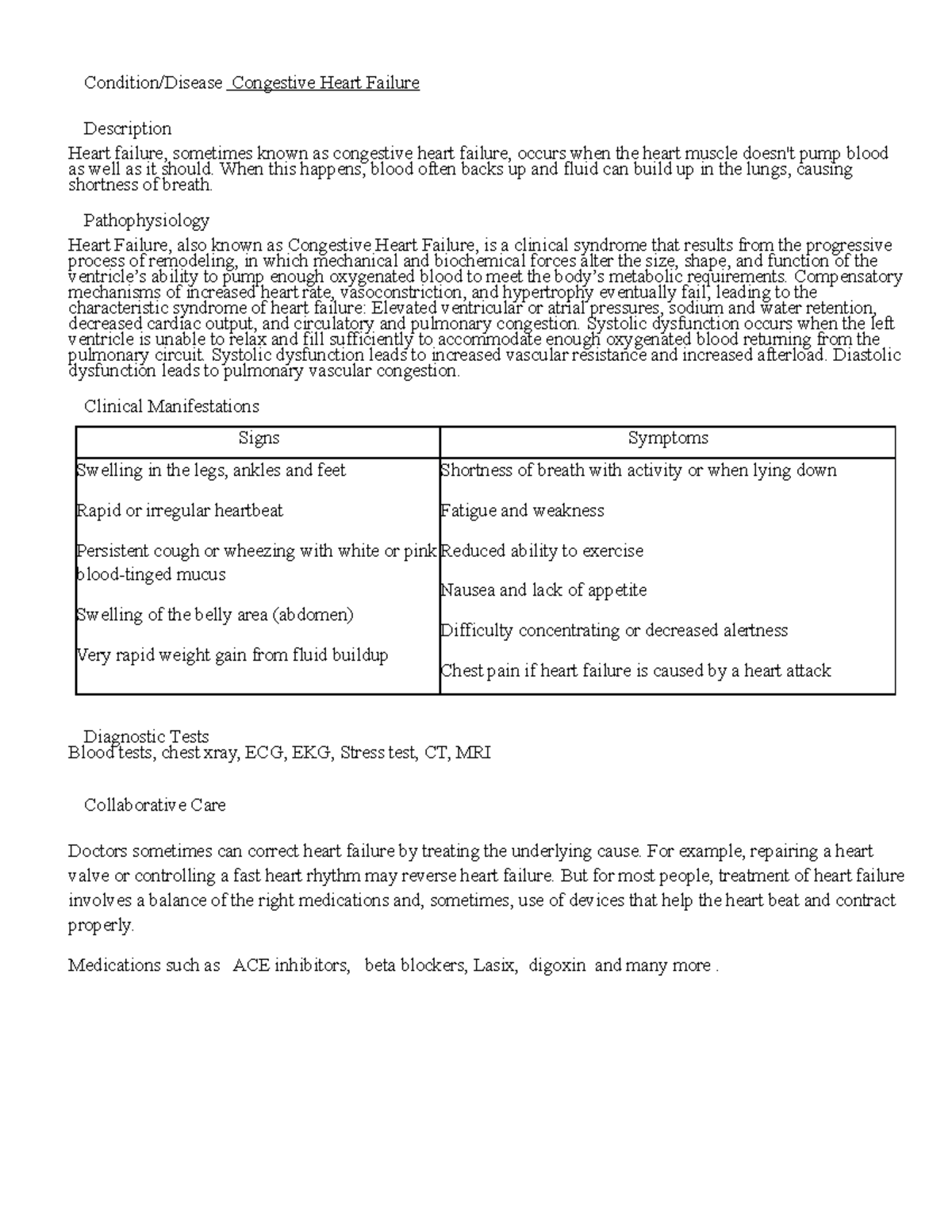 Clinical Prep Card CHF - Notes - Condition/Disease Congestive Heart ...