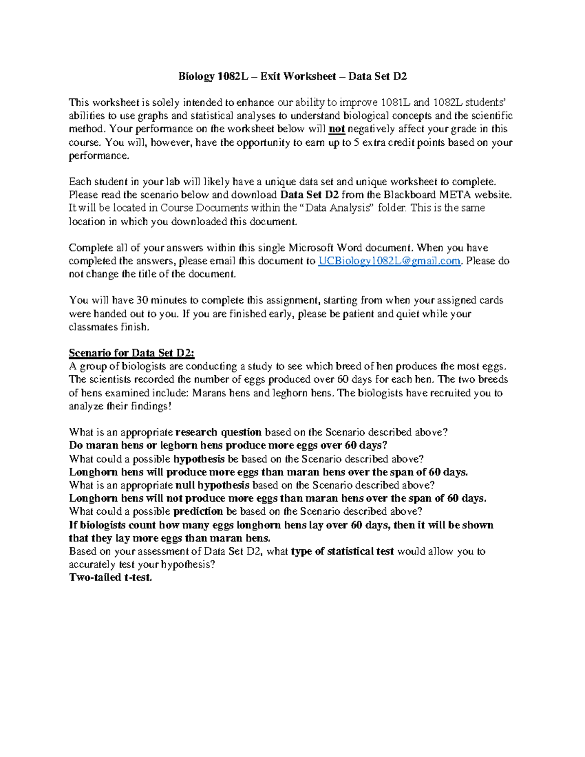 Bio exit exam - exit exam - Biology 1082L – Exit Worksheet – Data Set D ...