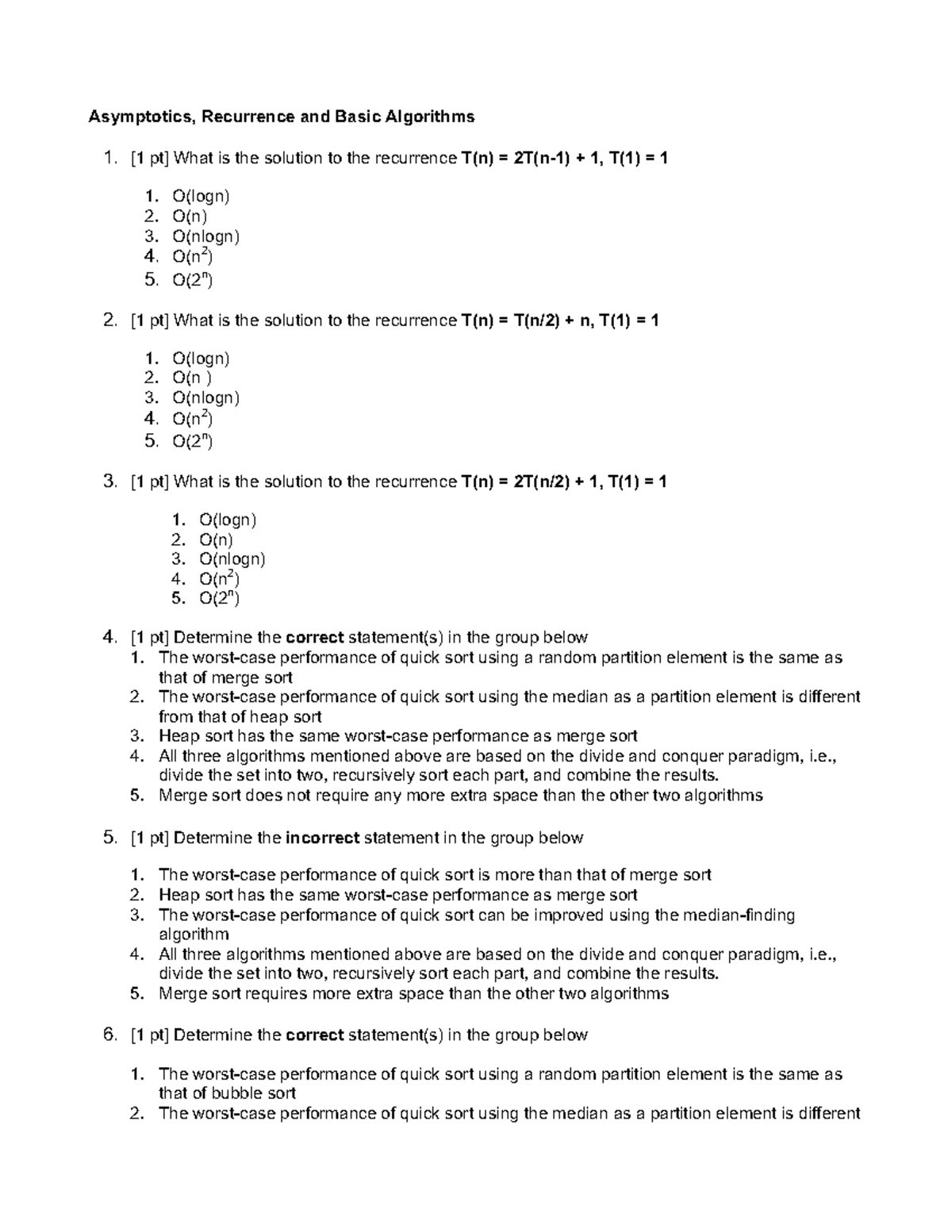 Exam1Practice Questions - Asymptotics, Recurrence and Basic Algorithms ...