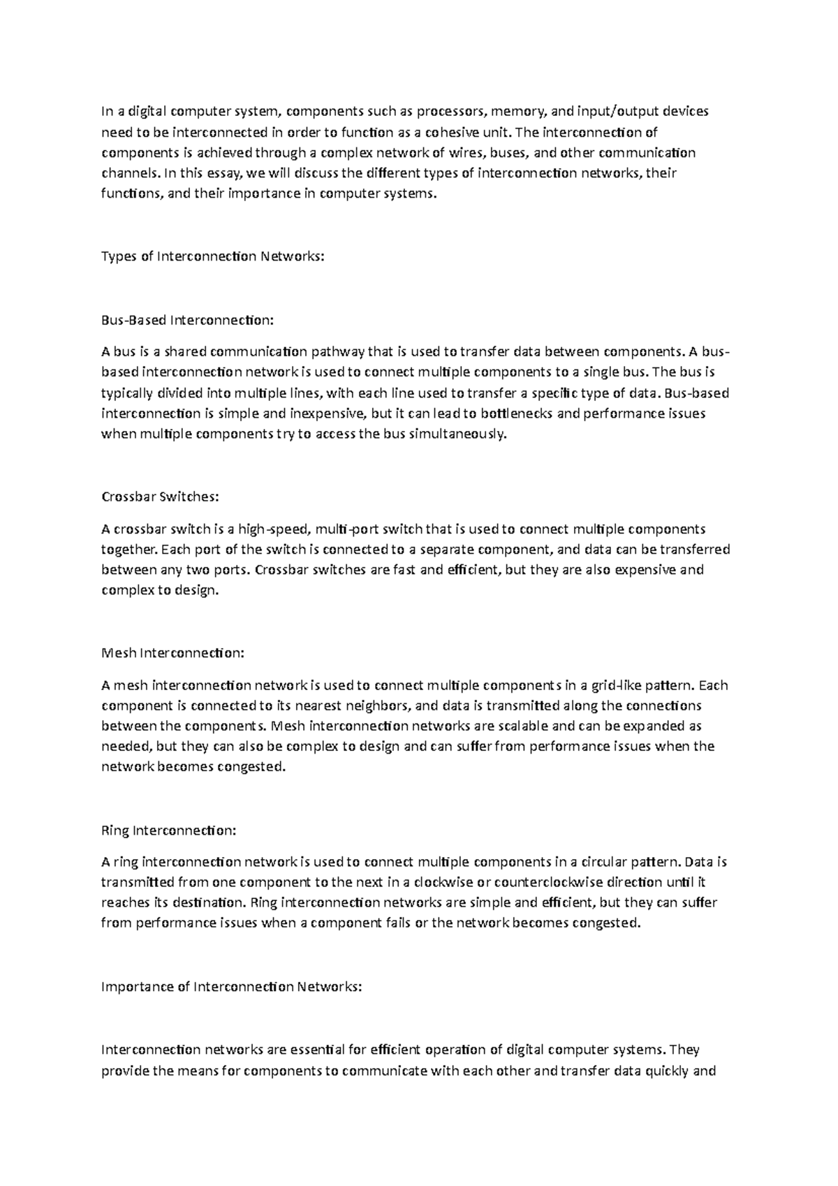 Interconnection of components - In a digital computer system ...