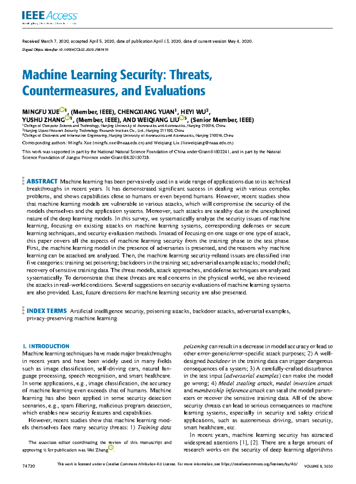 Machine Learning Security Threats Countermeasures and Evaluations - Received March 7, 2020 ...