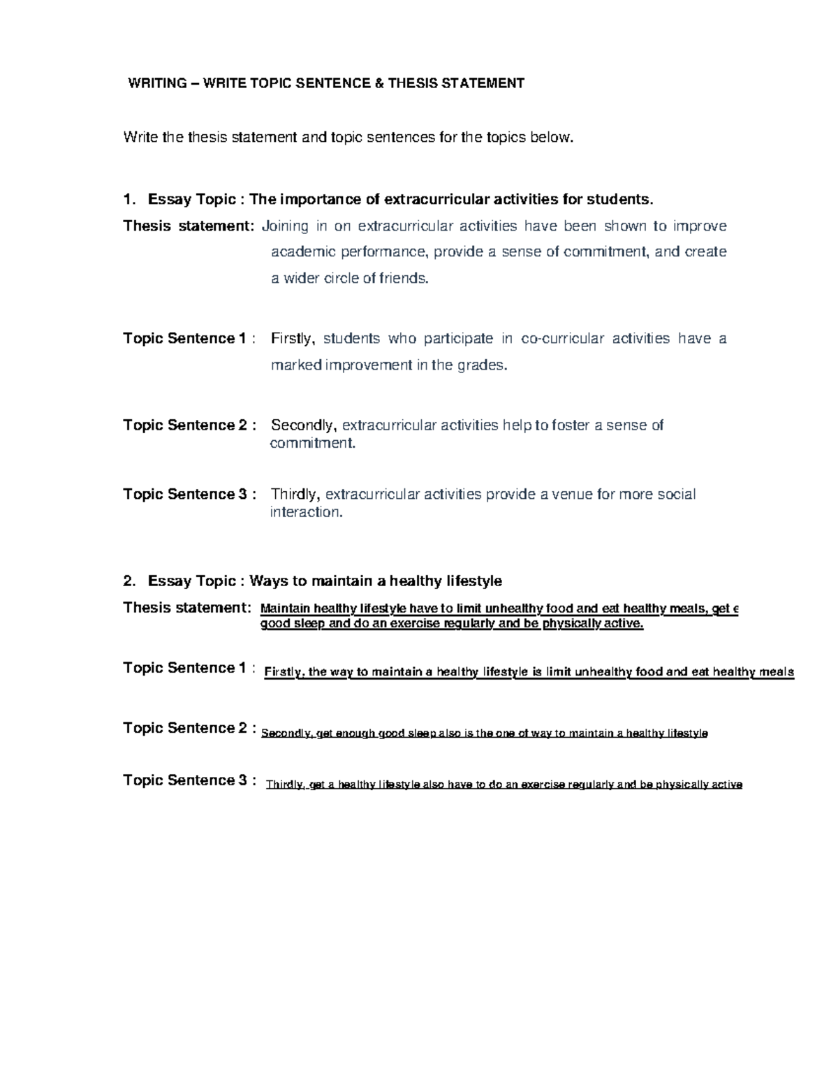2.4 ELC231 Writing Topic Sentence AND Thesis Statement Exercise ...