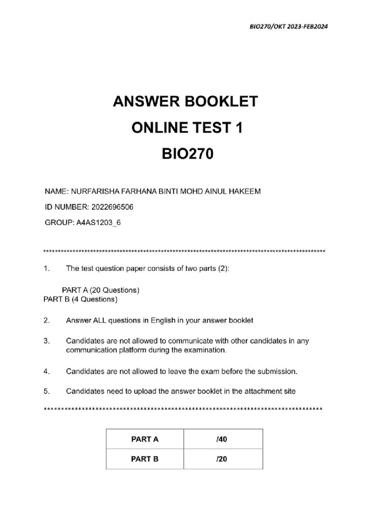 BIO 270 answer booklet - Animal And Plant Physiology - Studocu
