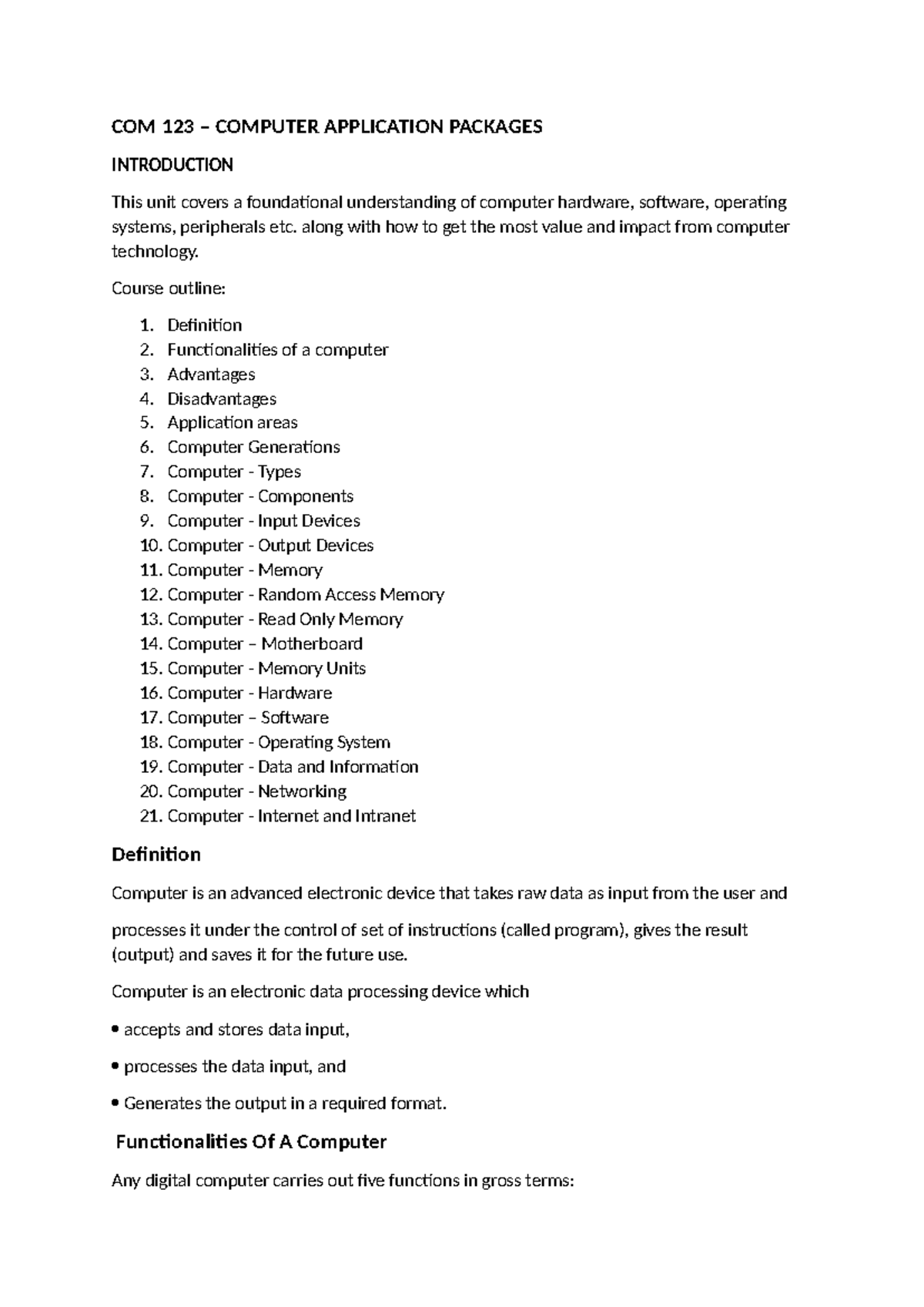 COM 123 - Computer Application - COM 123 – COMPUTER APPLICATION ...