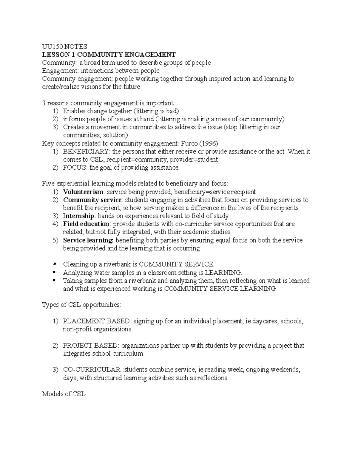 UU150 Quiz 1 Notes - Chapters 1-3 - UU150 NOTES LESSON 1 COMMUNITY ...