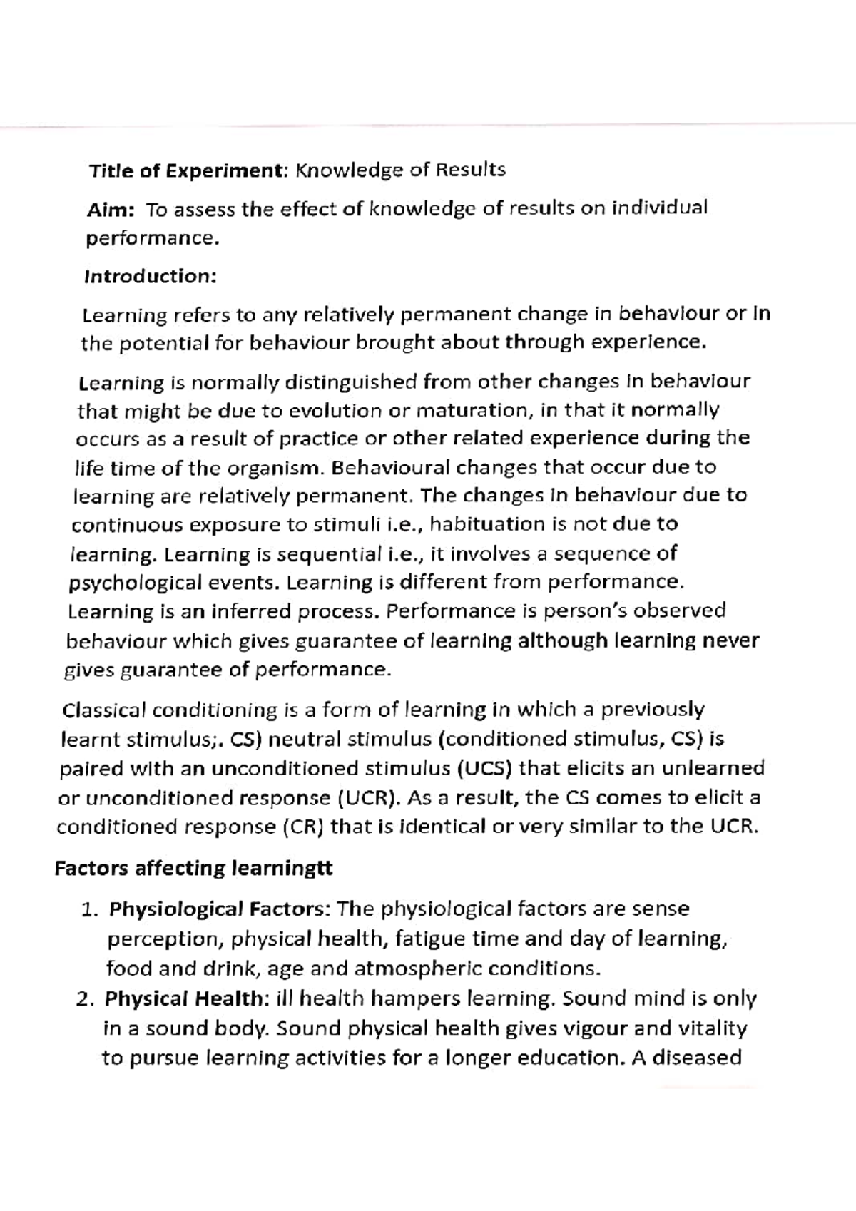 Knowledge of results - Applied Psychology - Studocu