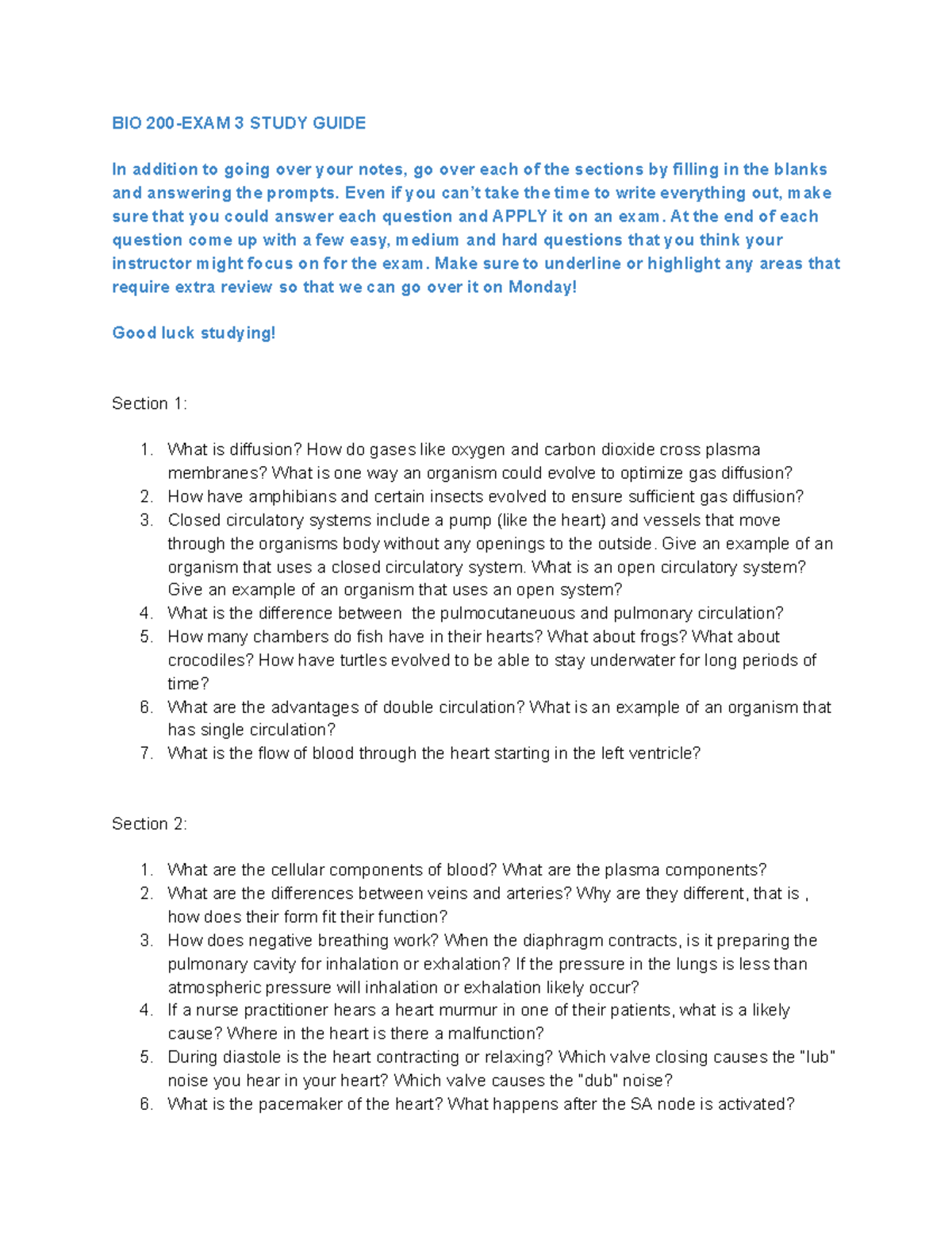 BIO 200-EXAM 3 Study Guide - BIO 200-EXAM 3 STUDY GUIDE In addition to ...