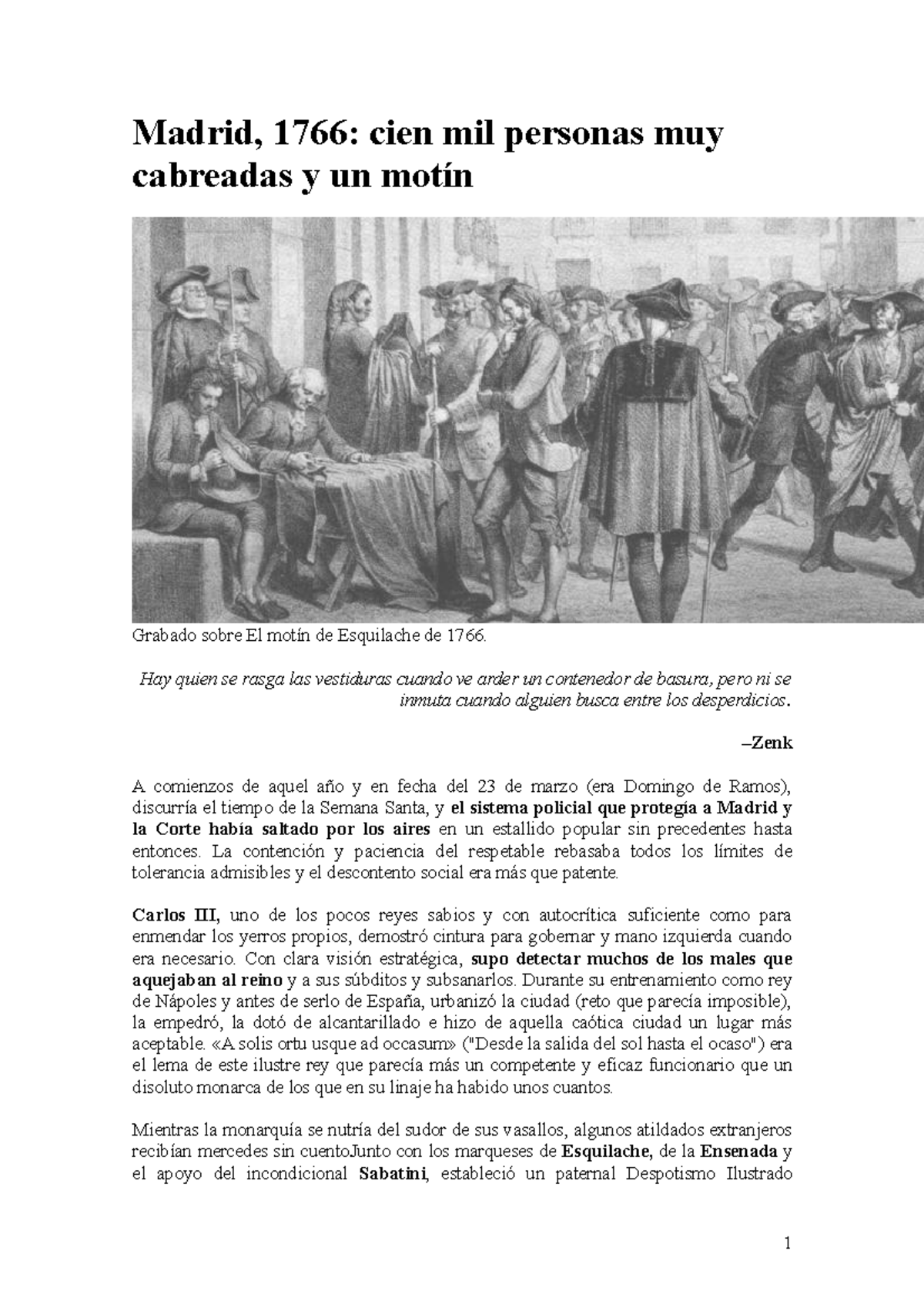 Motín de Esquilache - Apuntes historia de España - Madrid, 1766: cien ...