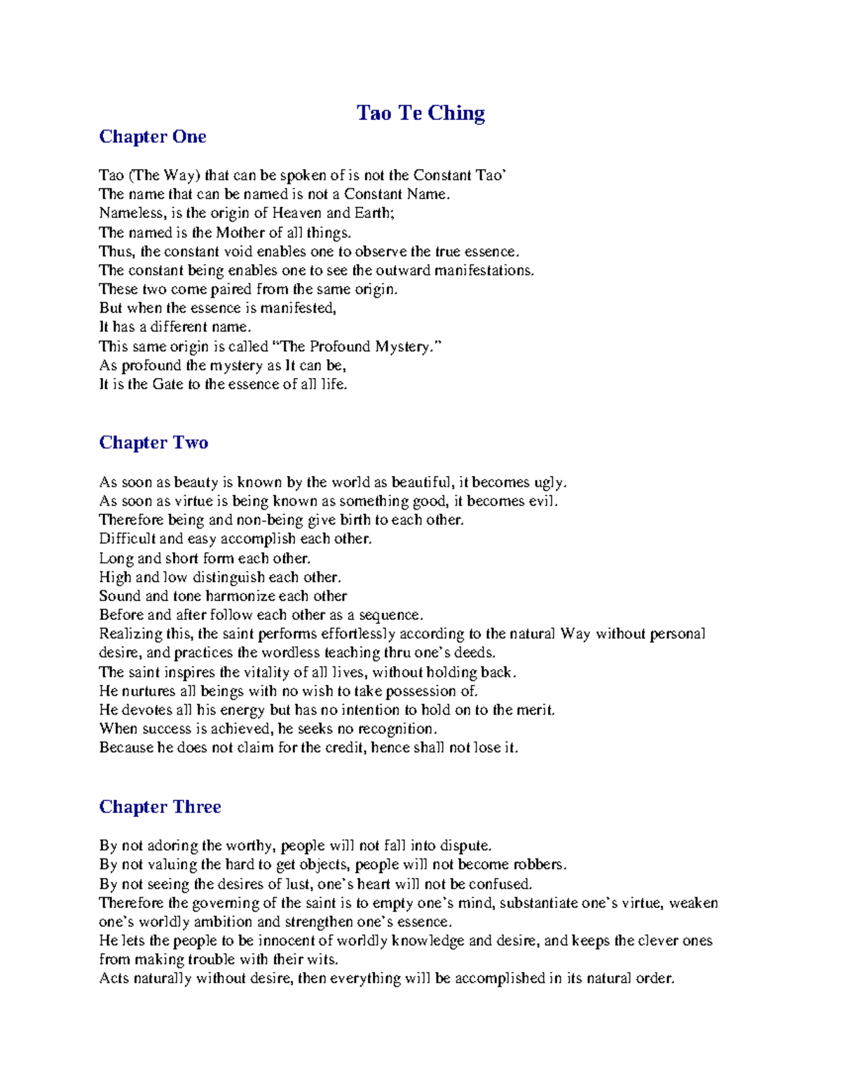 Tao te ching en - Full text - Tao Te Ching Chapter One Tao (The Way ...