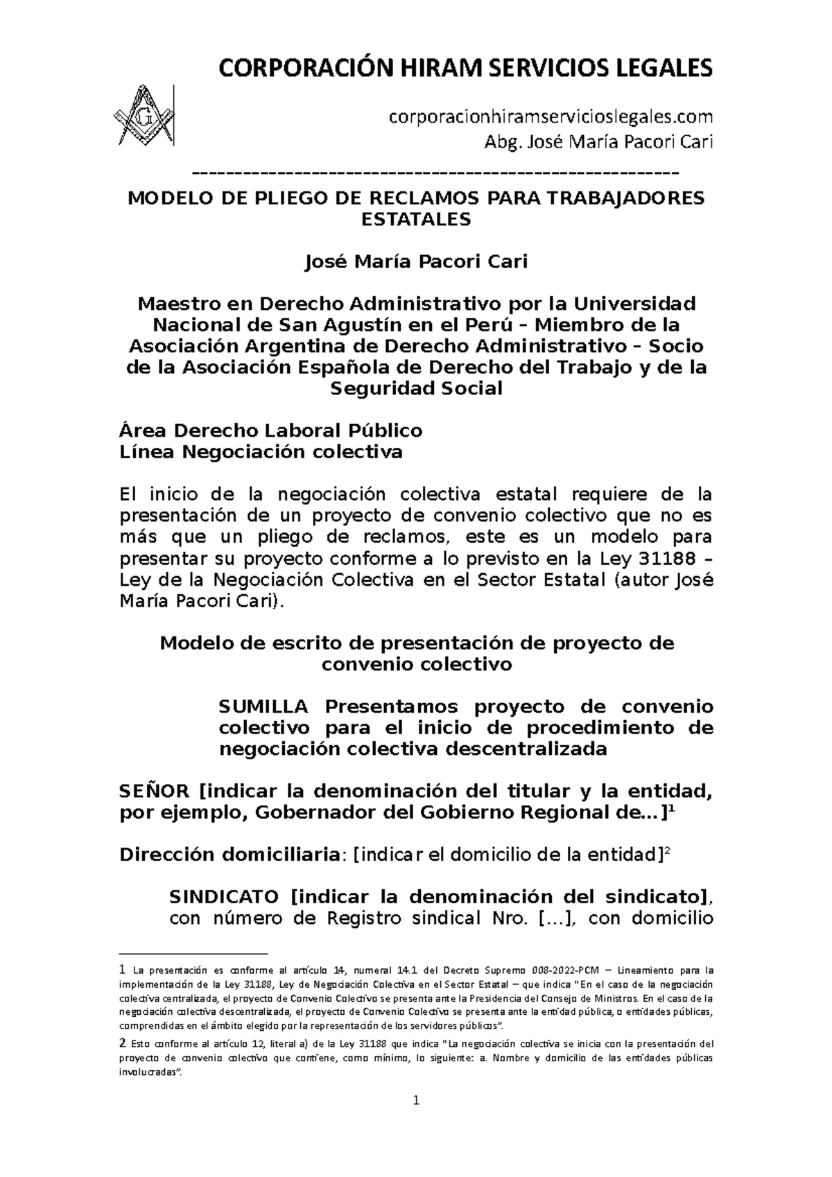 MODELO DE PLIEGO DE RECLAMOS PARA TRABAJADORES ESTATALES - Autor José ...