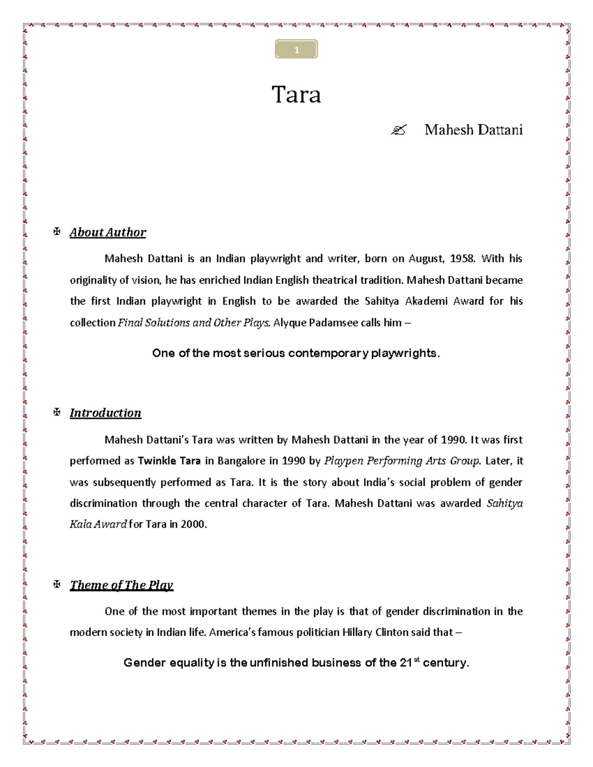 Tara - Notes for tara play for BAP ( introduction to literary studies ...
