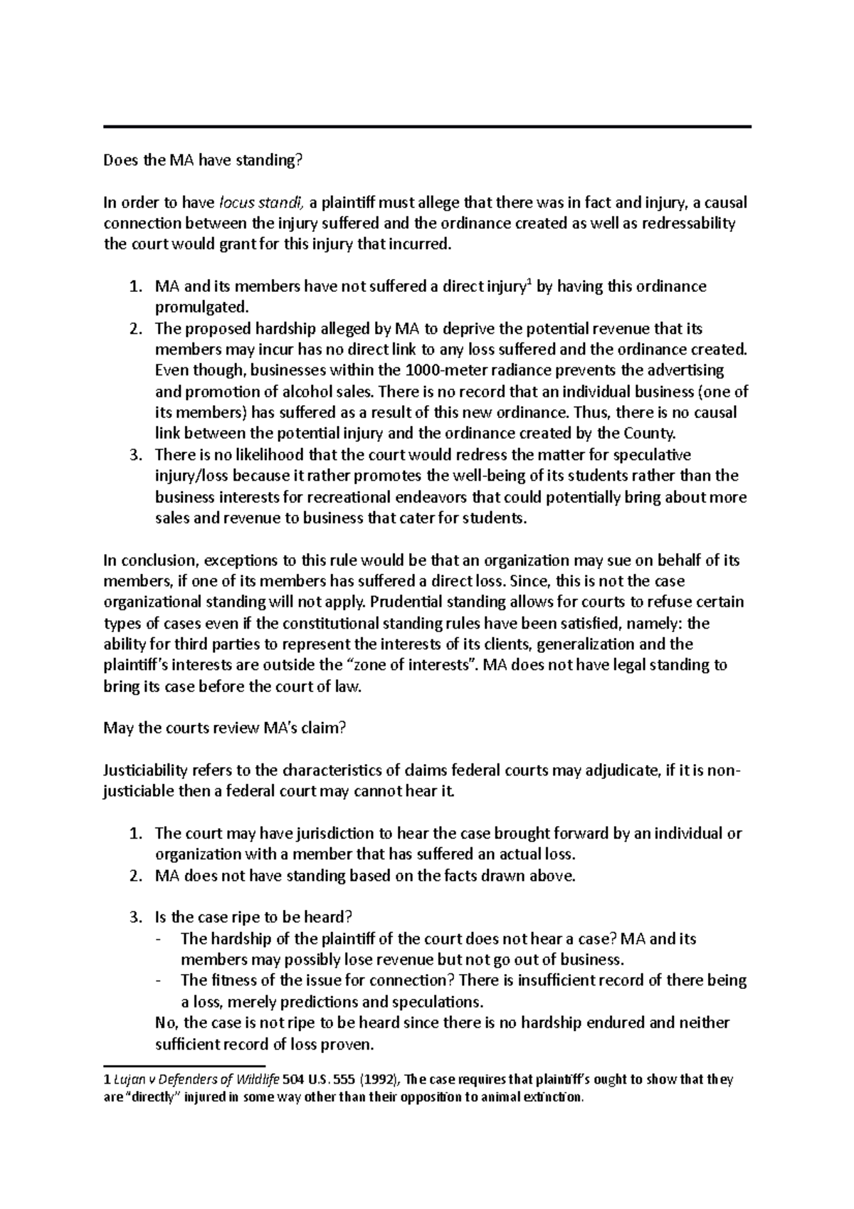 Essay 2(1) - legal standing - Does the MA have standing? In order to ...