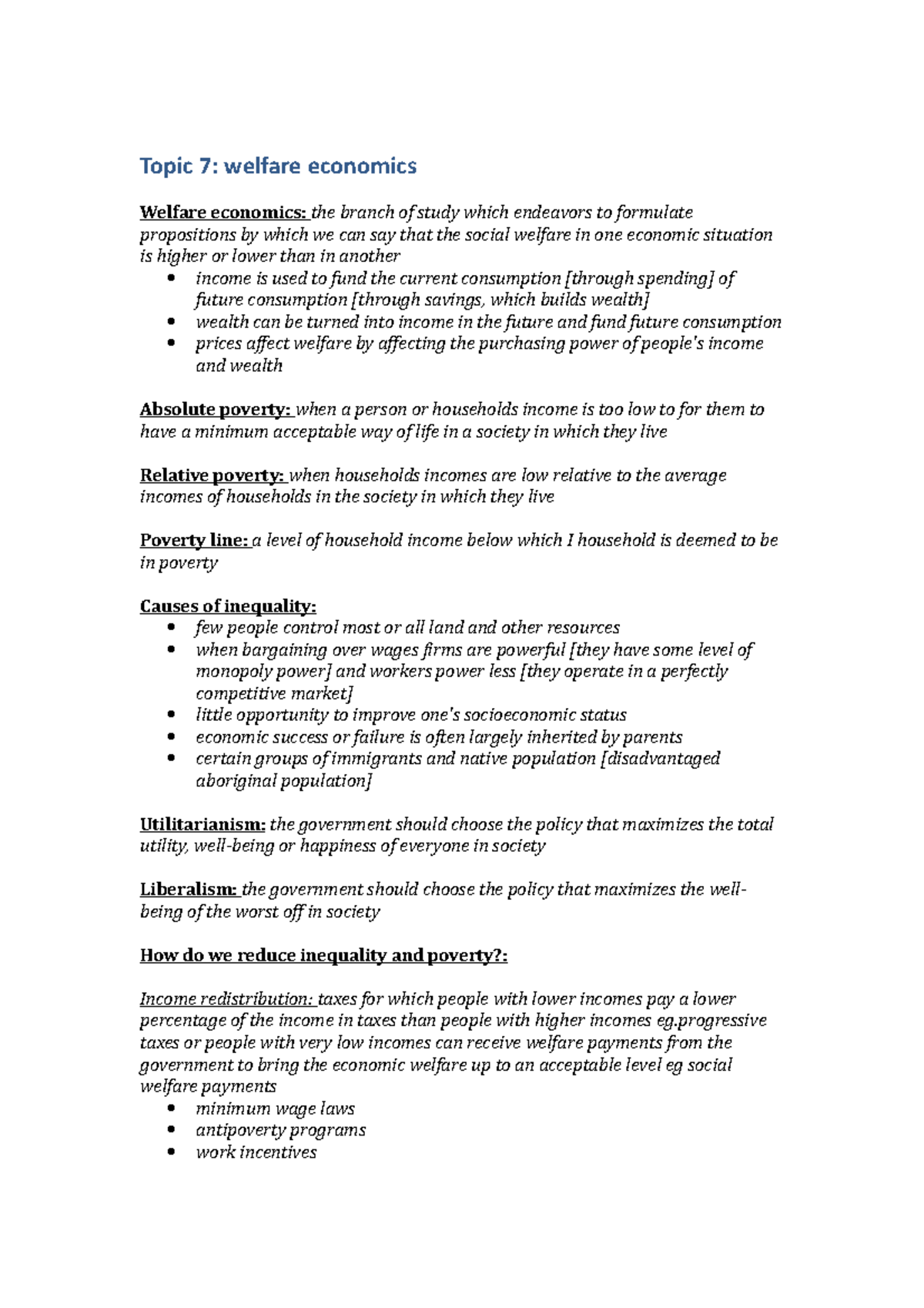 Comprehensive Notes, Lectures 7 - Topic 7: welfare economics Welfare ...
