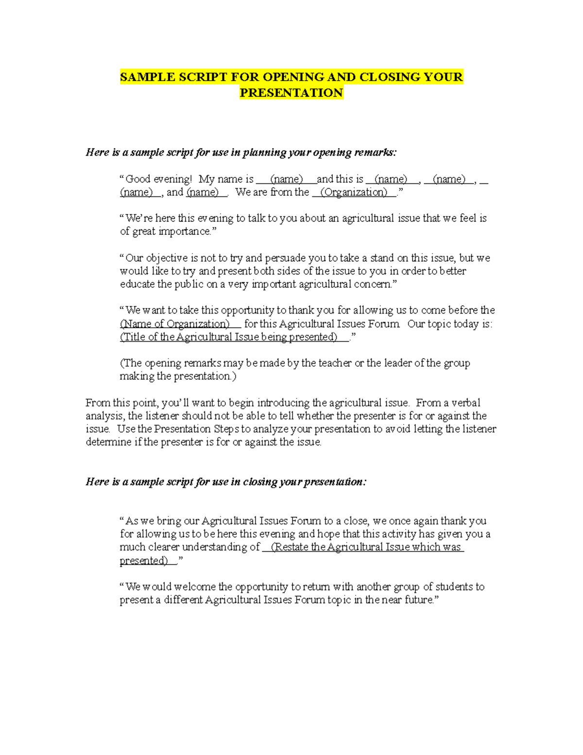 [ Presentation] Opening & Closing Sample - SAMPLE SCRIPT FOR OPENING ...