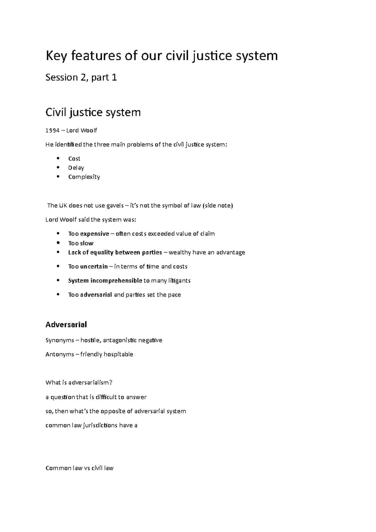 Key features of our civil justice system - part 1 Notes - Key features ...