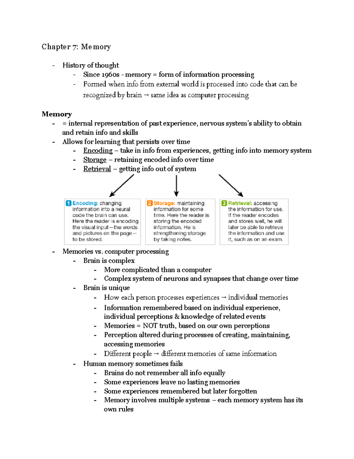 Chapter 7 Memory - Chapter 7: Memory History of thought Since 1960s - memory = form of ...