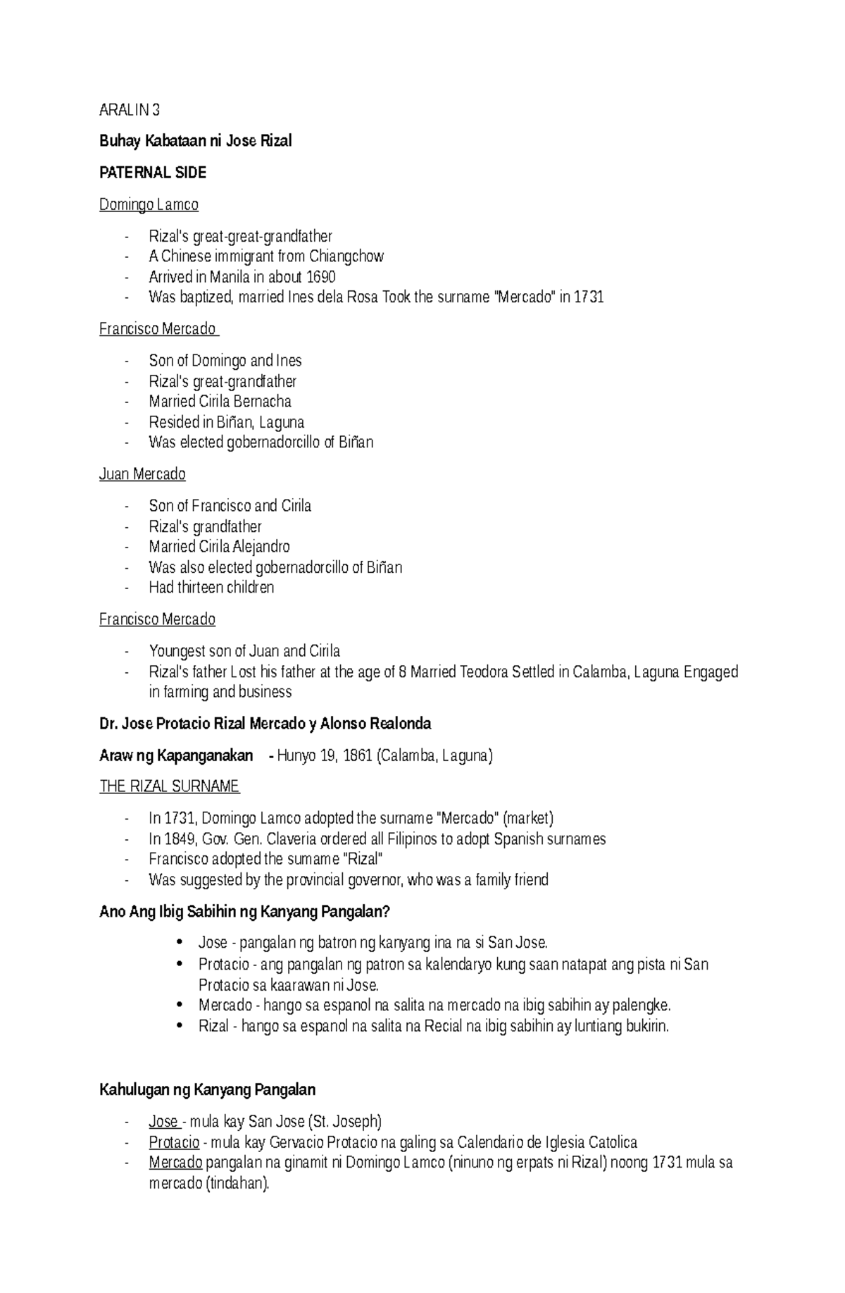 Reviewer- Aralin-3 - DUFGC - ARALIN 3 Buhay Kabataan ni Jose Rizal ...