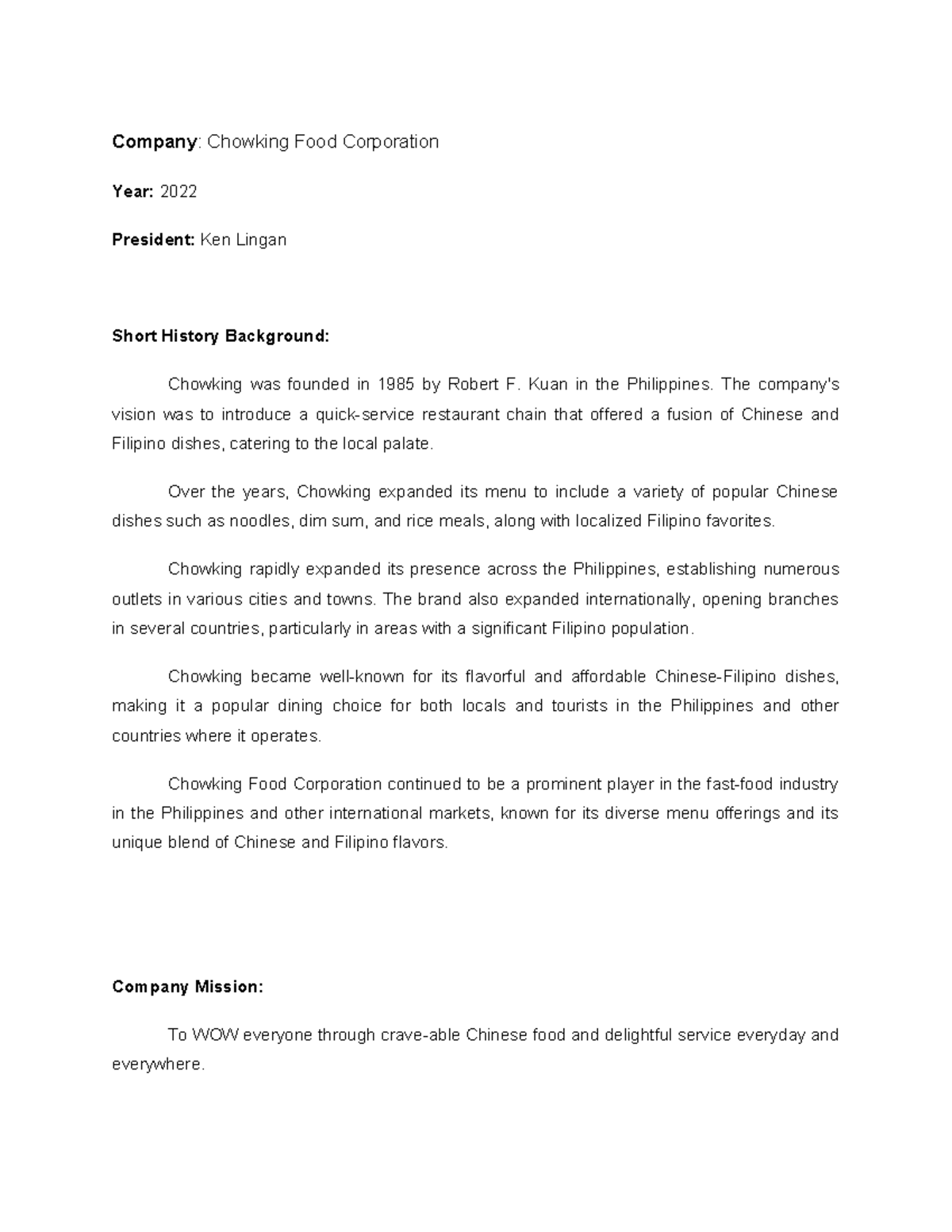 Chowking Food Corporation case study - Company: Chowking Food ...