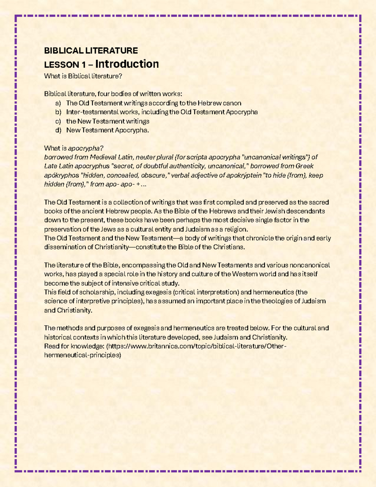 1 - Understanding the Bible - BIBLICAL LITERATURE LESSON 1 ...