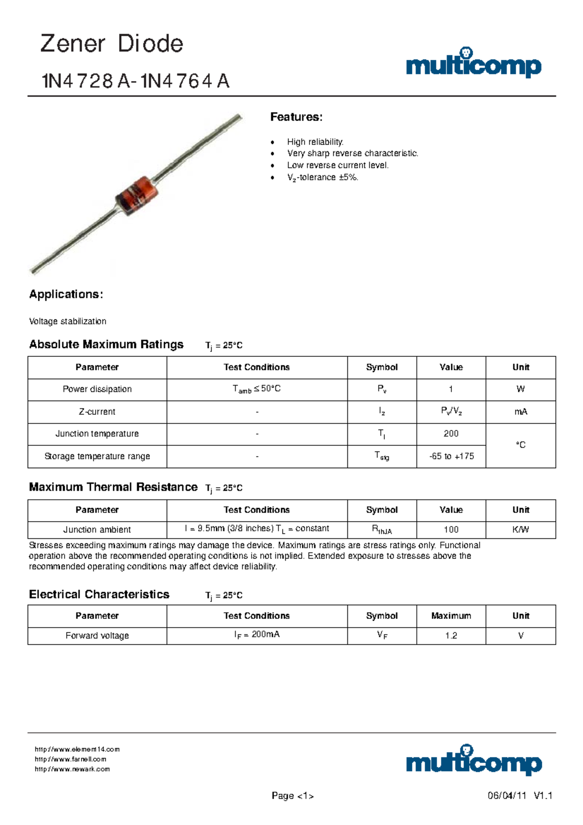 Zener - 1N4728A-1N4764A element14 farnell newark Features: High ...