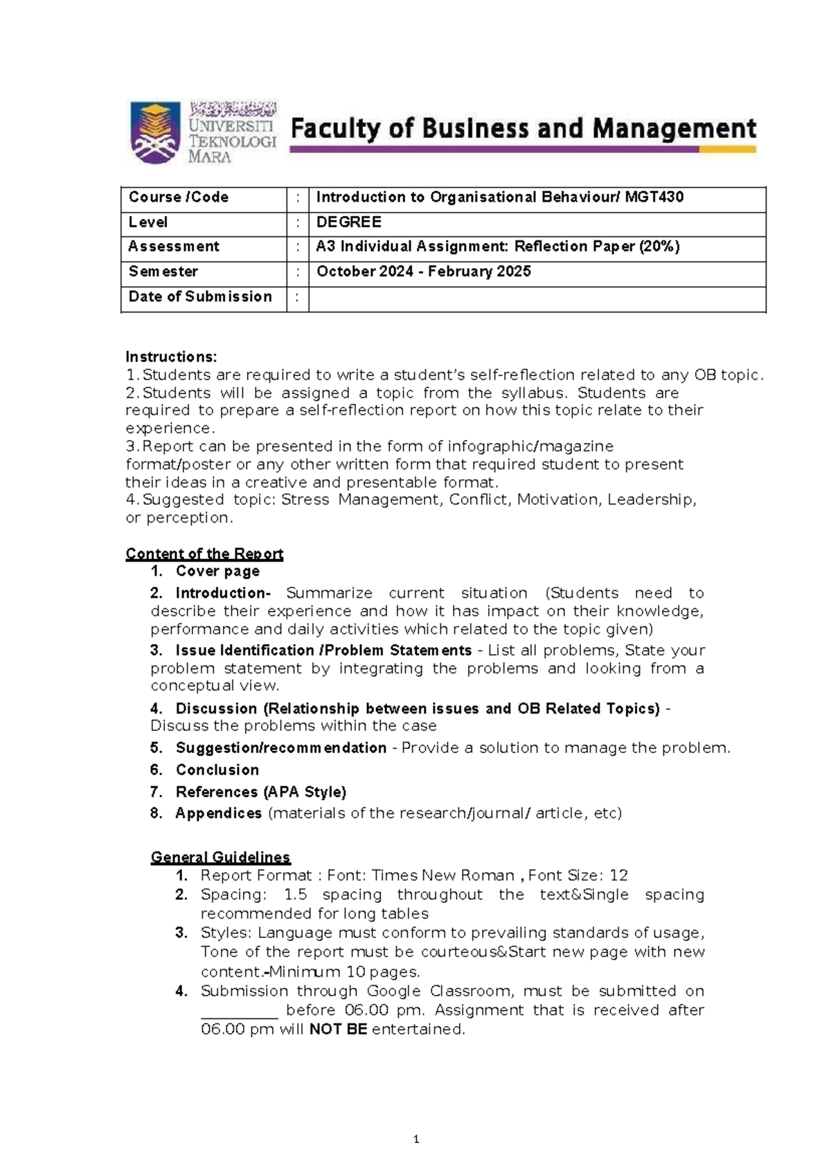 A3 Individual Assignment Reflective Paper MGT430 - Course /Code ...