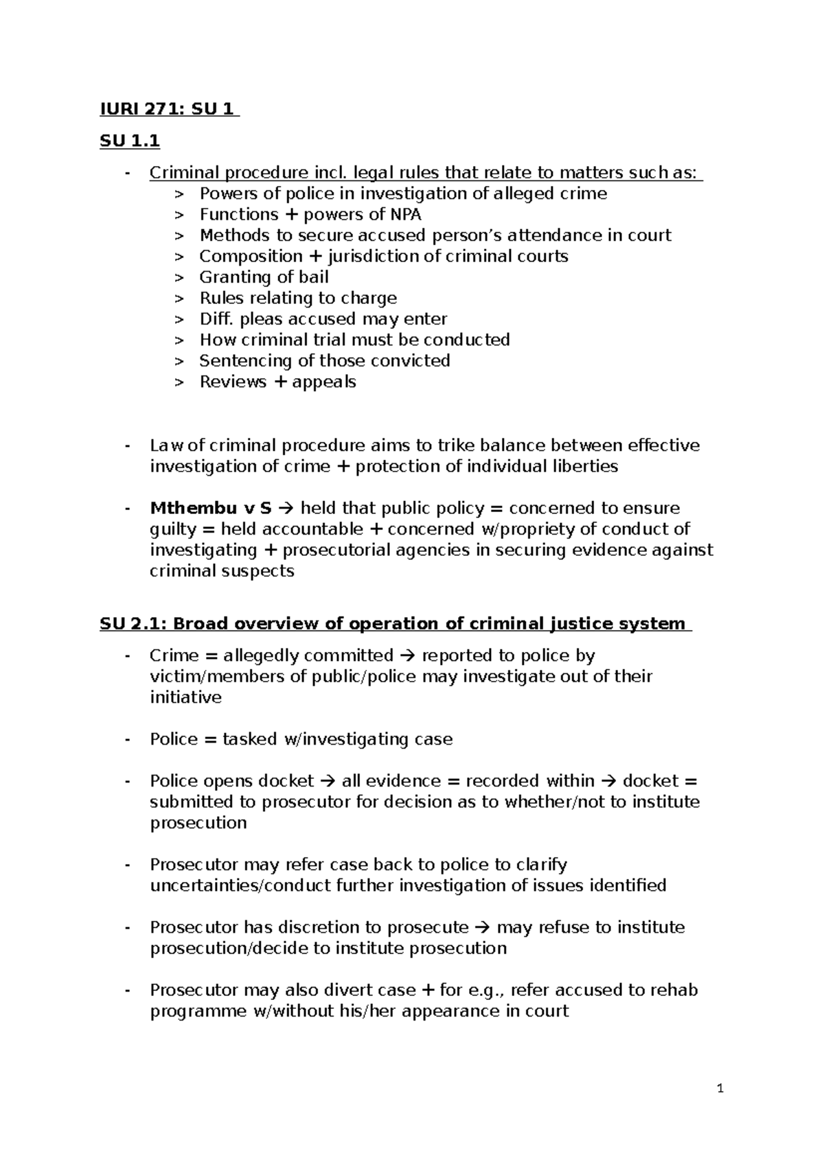 IURI 271 SU 1 - Summary Criminal Procedure - IURI 271: SU 1 SU 1. - Criminal procedure incl ...