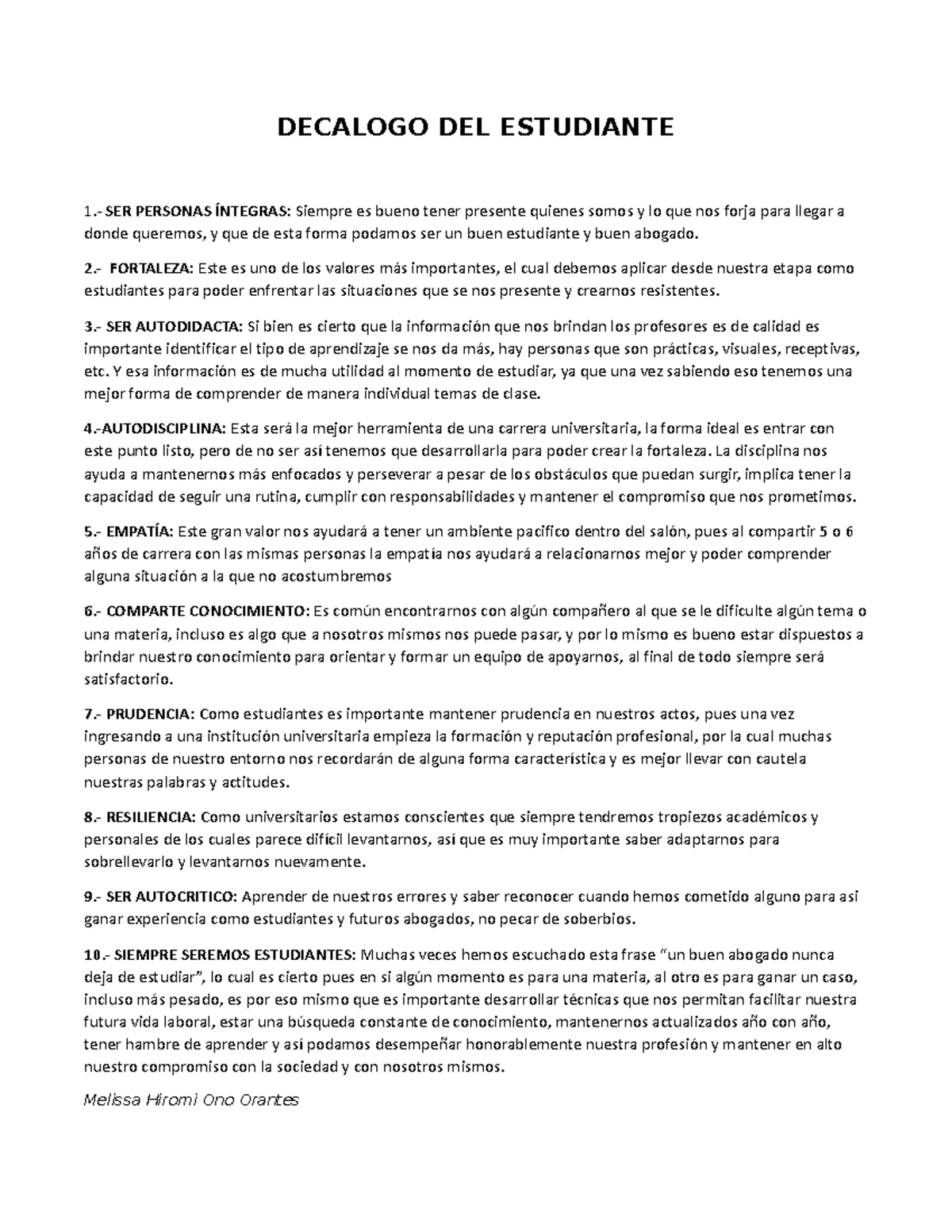 Decalógo del Estudiante - DECALOGO DEL ESTUDIANTE 1.- SER PERSONAS ...