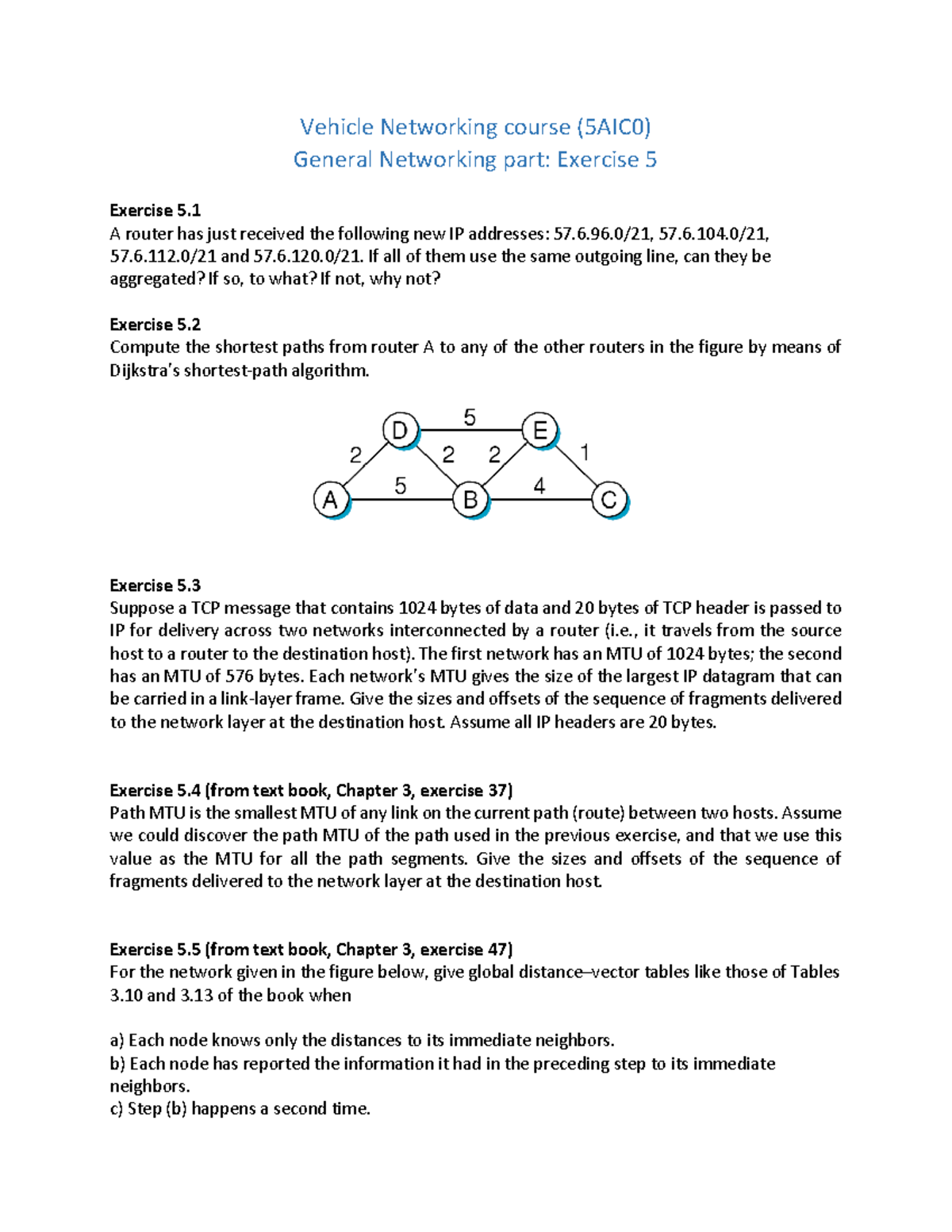 Exercise Set 5 - Vehicle Networking course (5AIC0) General Networking part: Exercise 5 Exercise ...