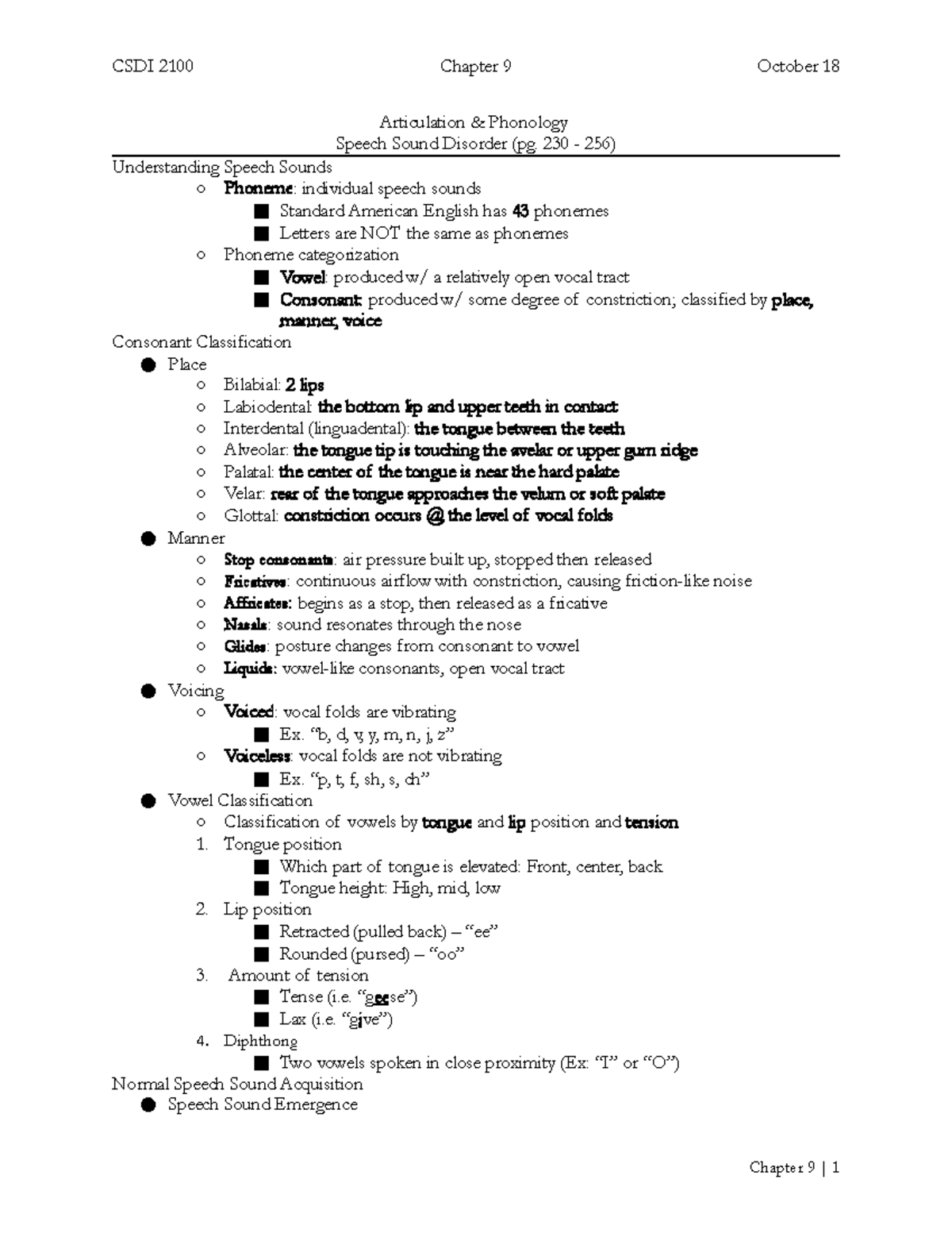 Articulation Chapter 9 Notes Speech Sound Disorder Pg 230 256