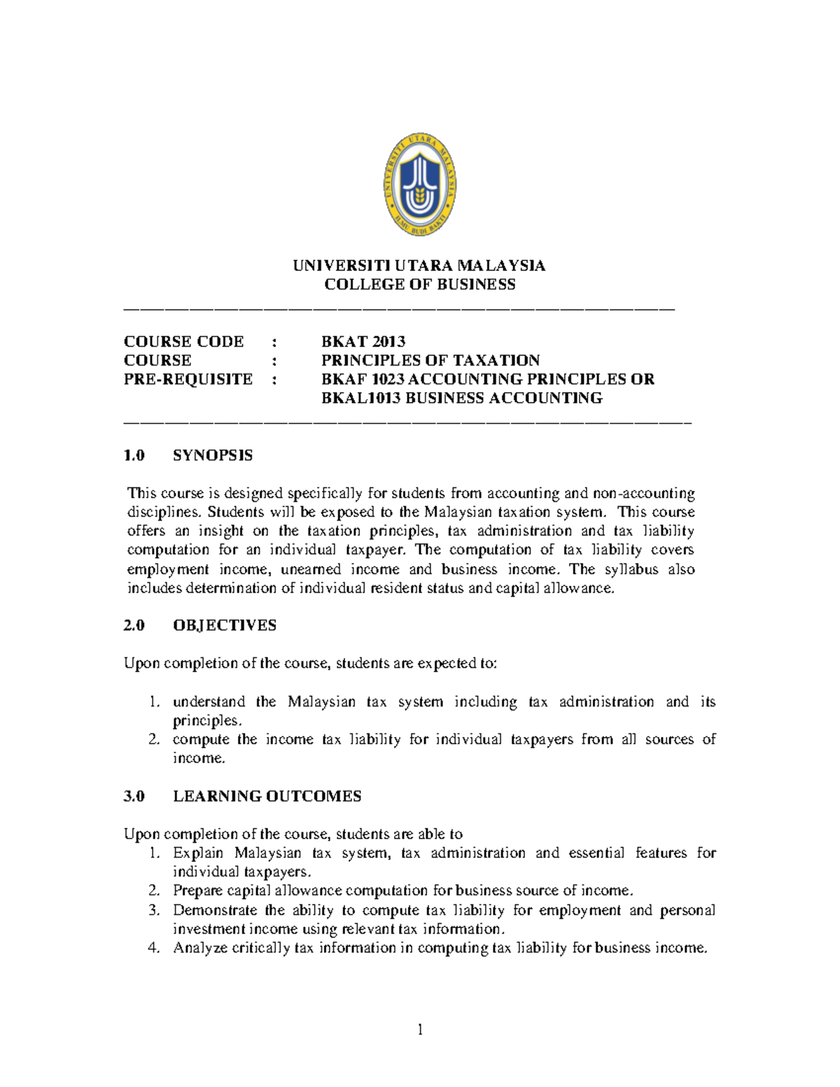 A211 BKAT2013 Syllabus - PRINCIPLES OF TAXATION - UUM - Studocu