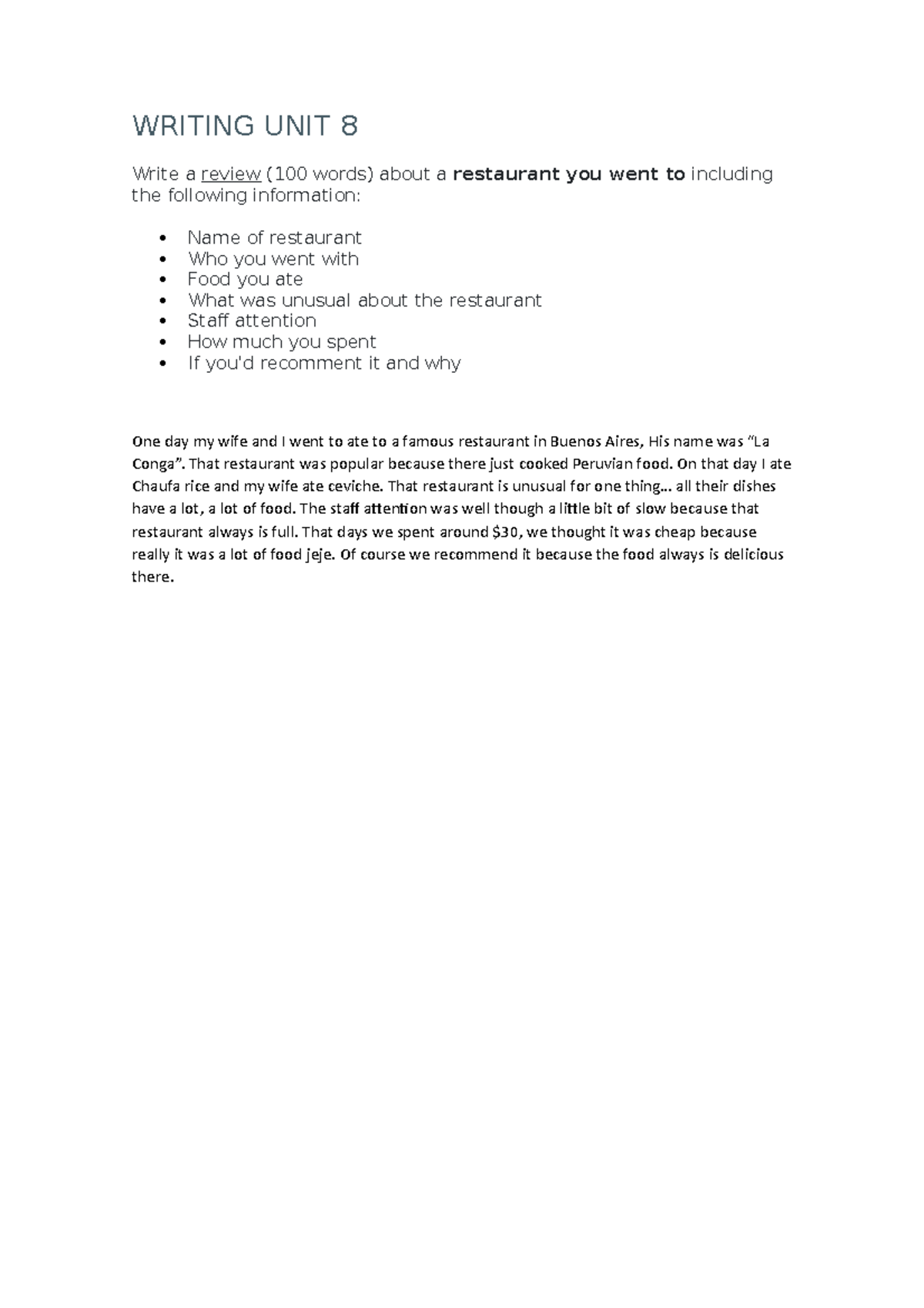 Writing UNIT 8 - Actividad de escritura - WRITING UNIT 8 Write a review ...